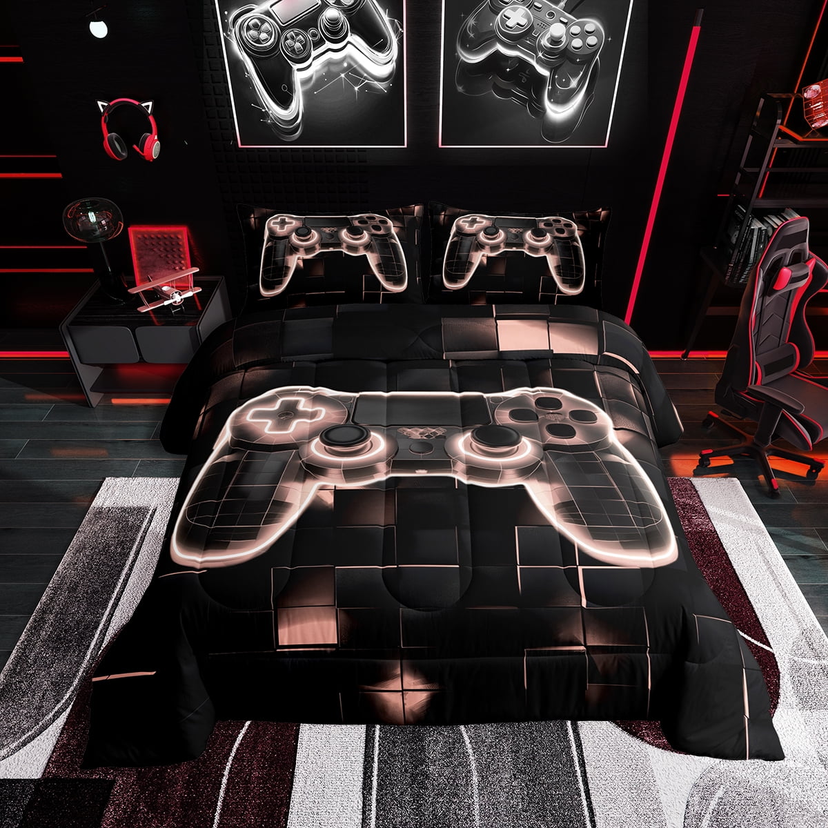 Gamer Comforter Sets Twin Size Teen,Game Controller Printed Geometric ...