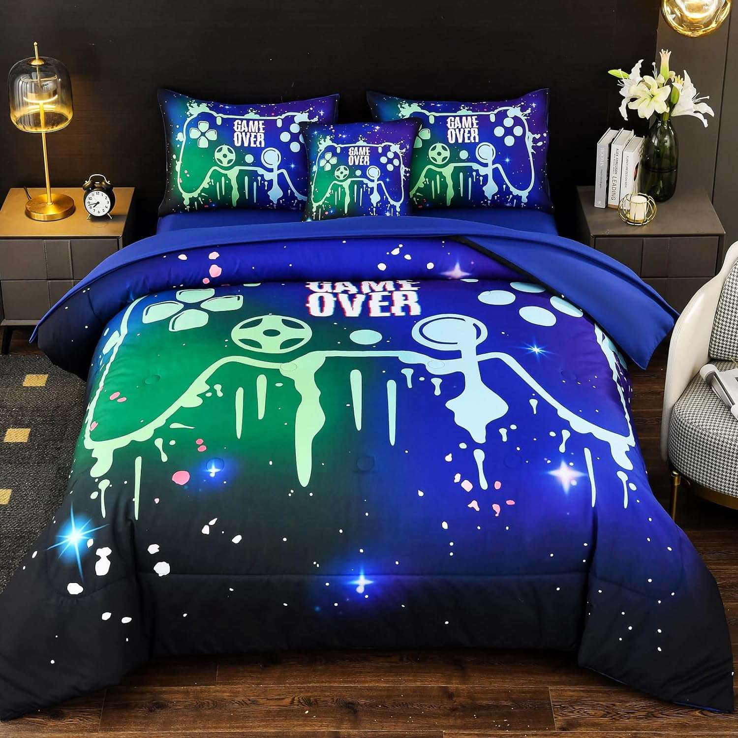 Gamer Console Blue Duvet Set for Boys,Full Size Glitter Gaming Bedding ...