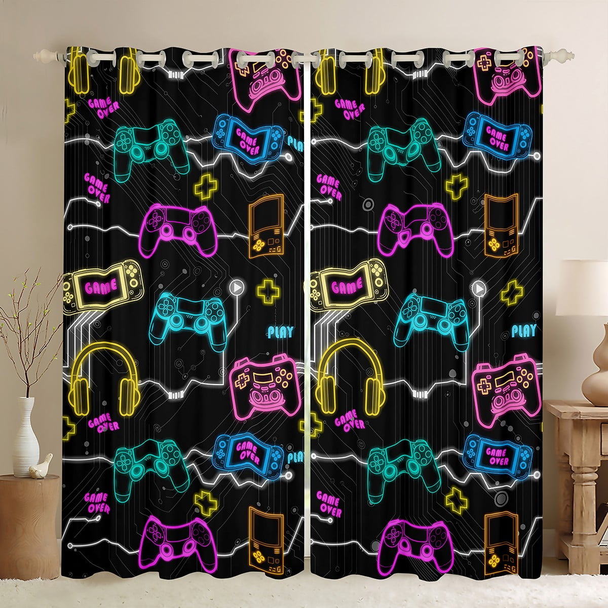 Gamer Curtains for Boys, Colorful Neon Gaming Blackout Curtains for ...