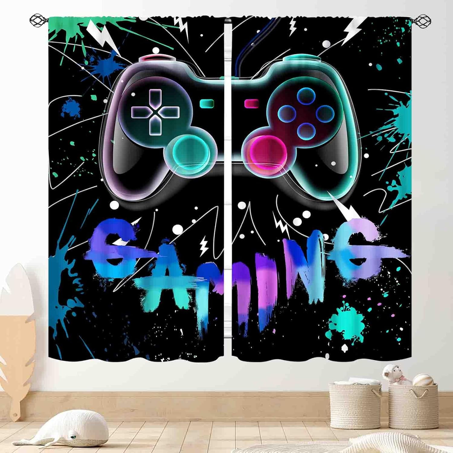 Gamer Curtains for Kids, Graffit Gaming Game Gamepad Printed Colorful ...