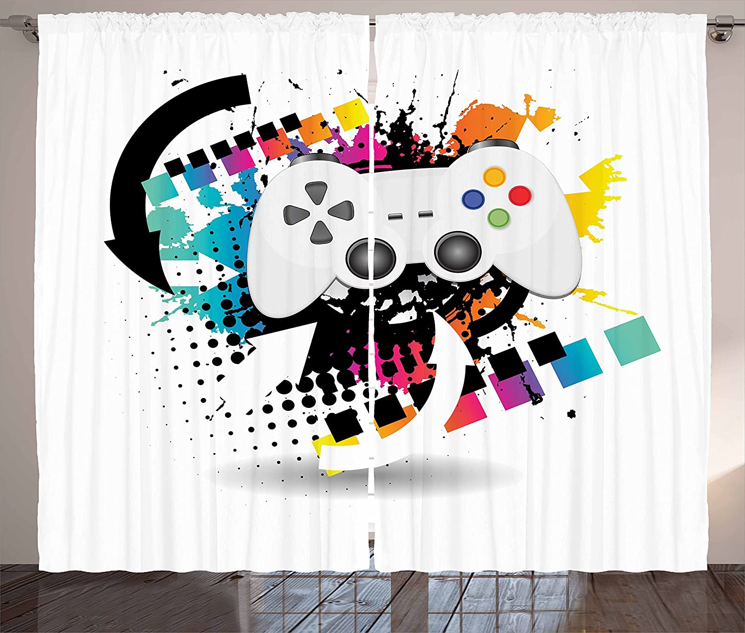Gamer Curtains Modern ole Game Controller with Halftone Motif and Color ...