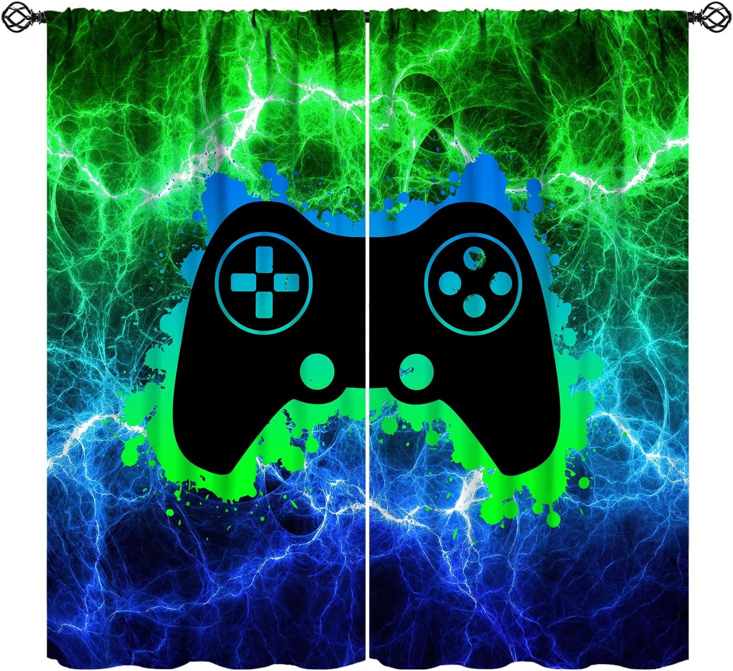 Gamer Curtains, Video Game Kids Window Drapes Blue Green Video Game ...