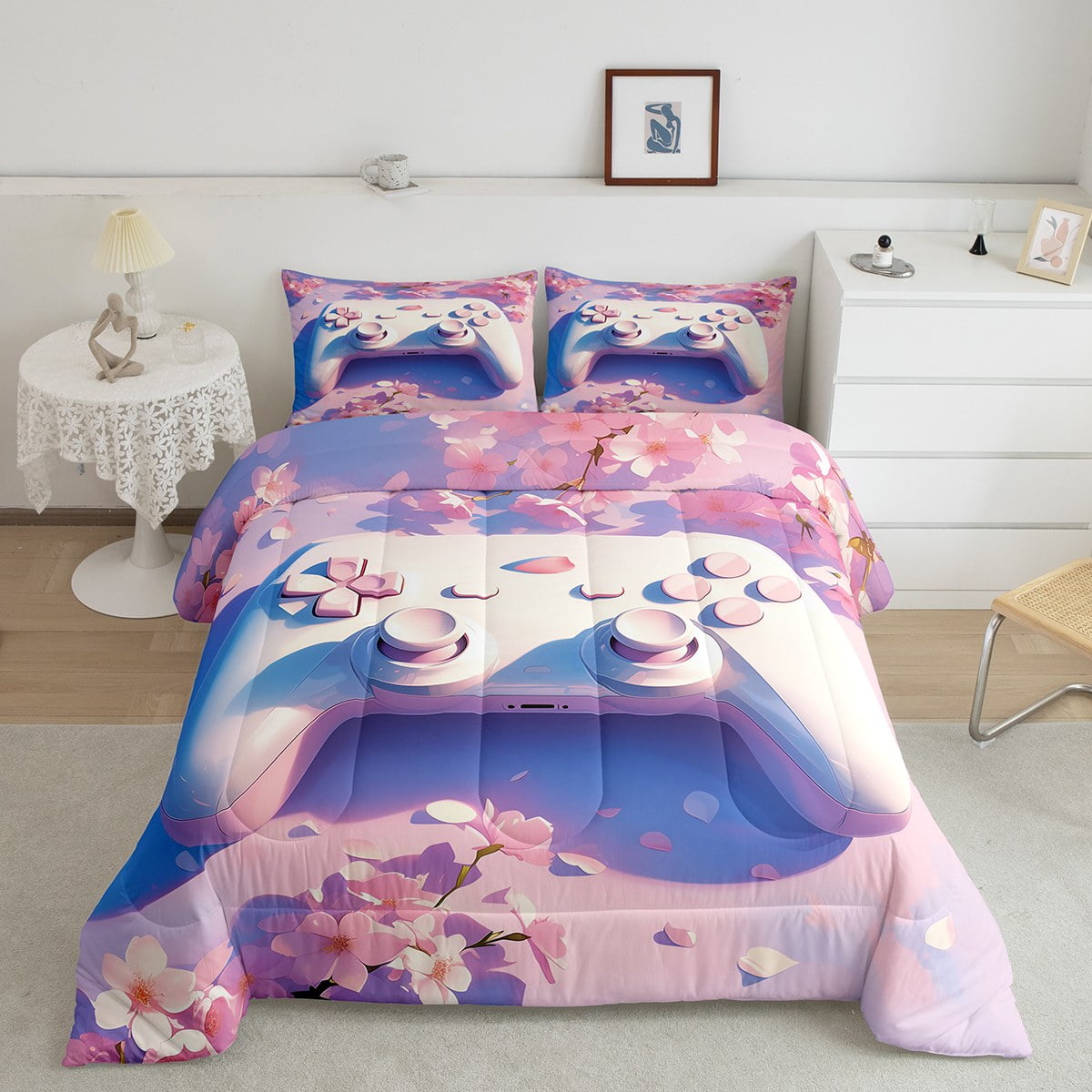 Gamer Decor Queen Bedding Sets,Cherry Blossom Quilt Japanese Flowers ...