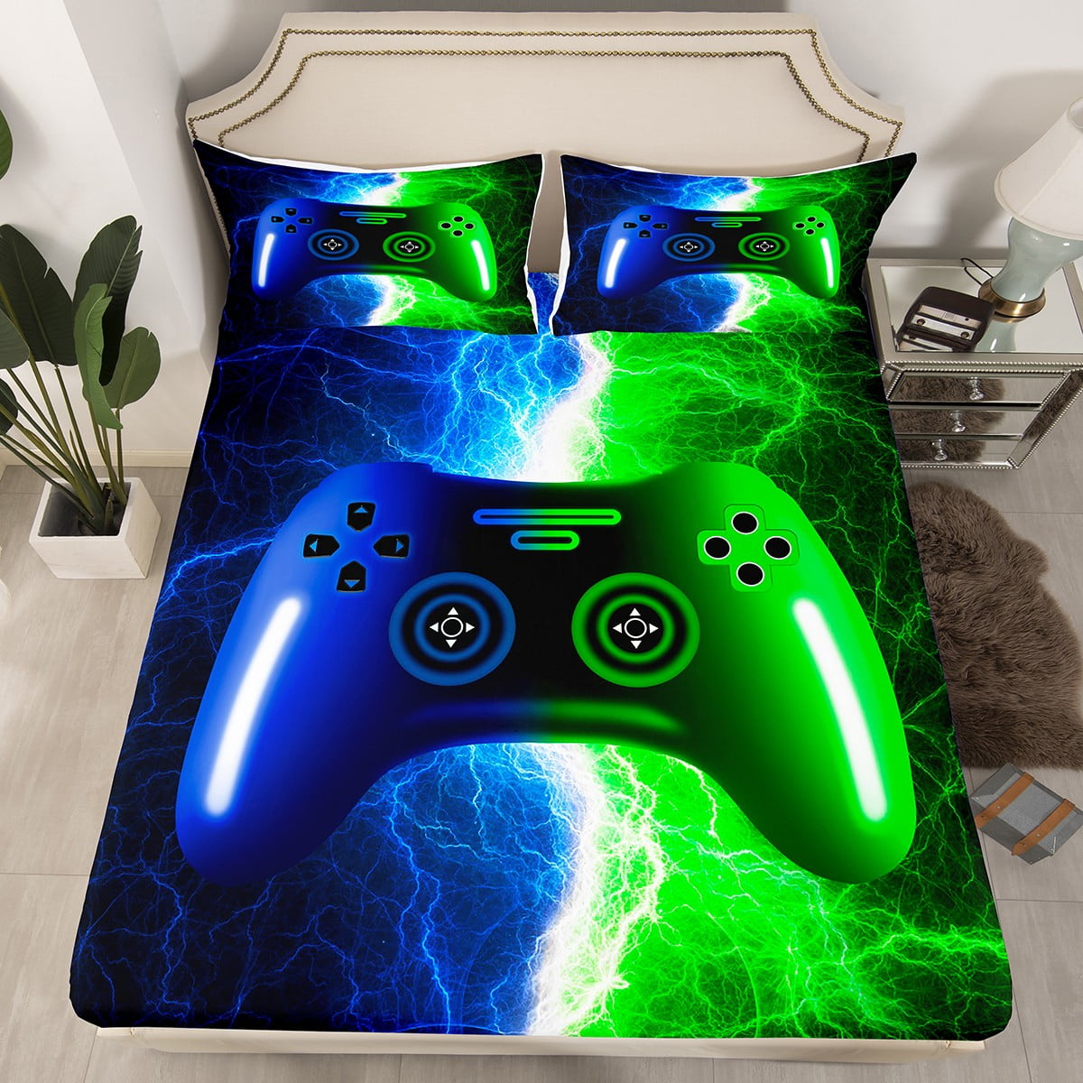 Gamer Fitted Sheet Queen Size Green and Blue Gaming Bedding Set,Video ...