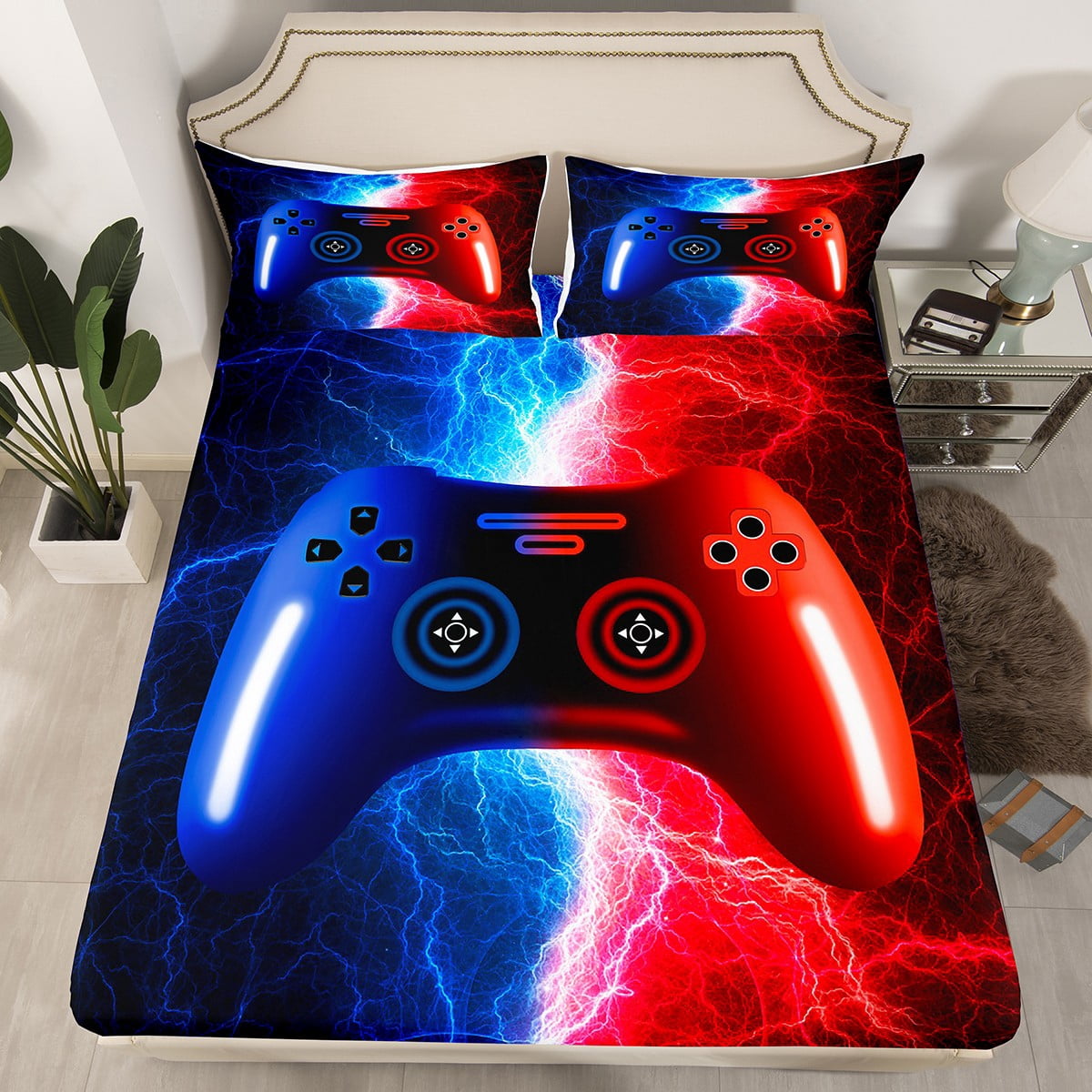Gamer Fitted Sheet Queen Size Red and Blue Gaming Bedding Set,Video ...
