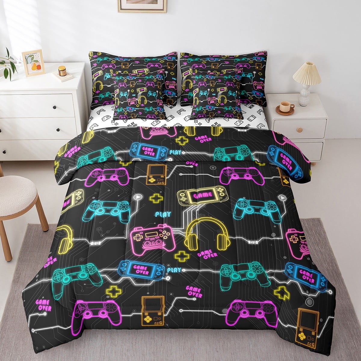 Gamer Full Comforter Set 7 Piece,Colorful Neon Gaming Bed in a Bag ...