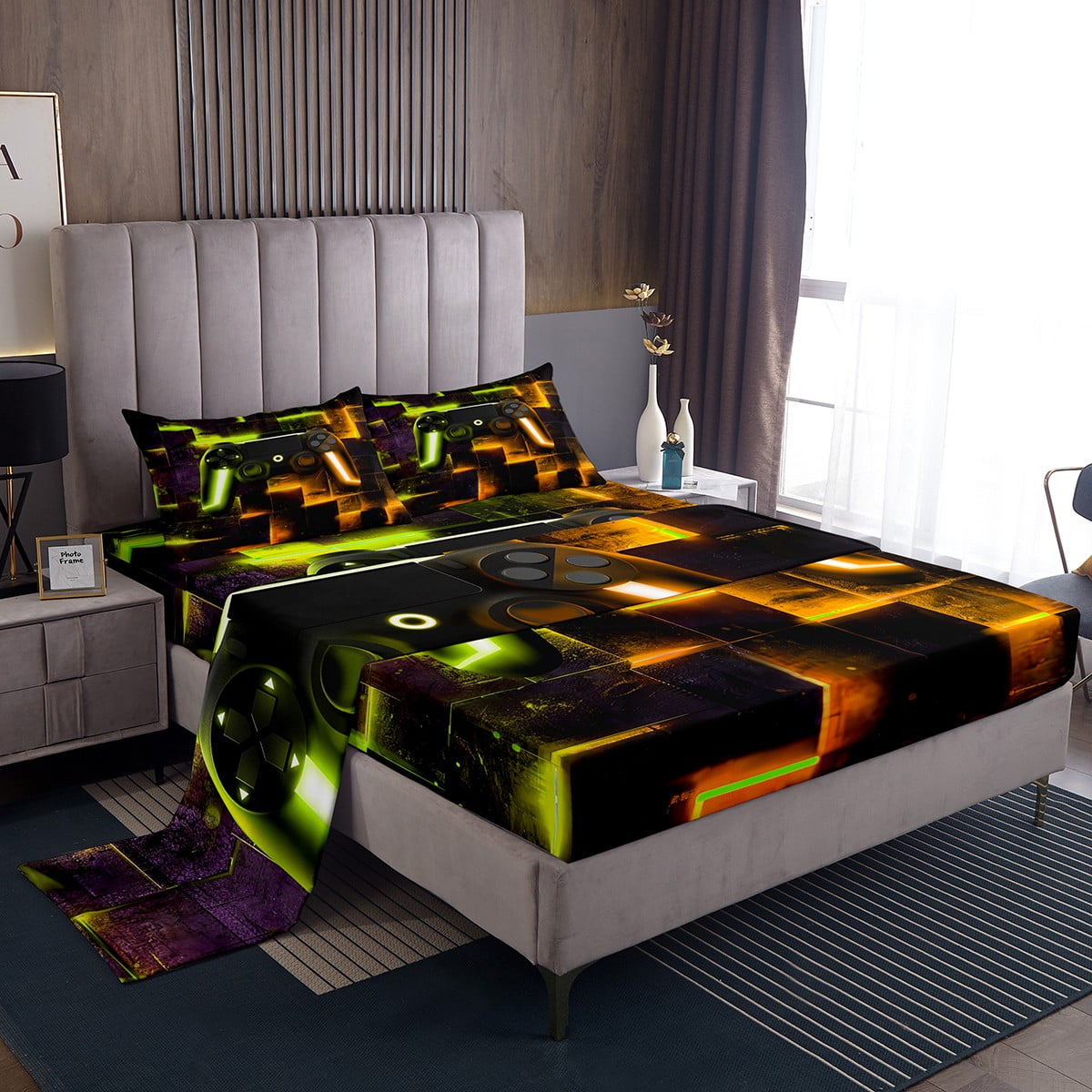 Gamer Gaming Bed Sheets Set Black Yellow Green Orange Twin Sheet Set ...