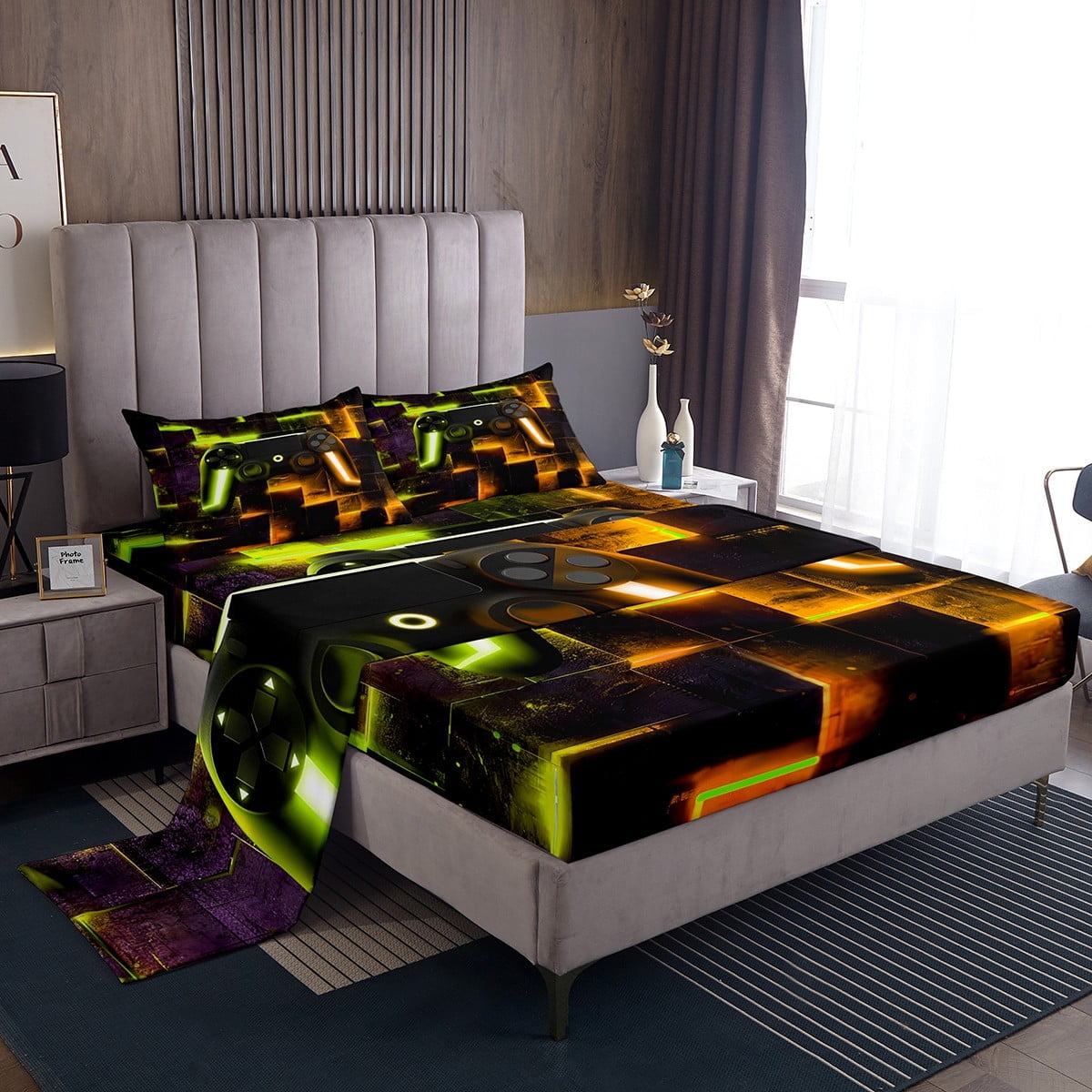 Gamer Gaming Bedding Full Size Black Yellow Green Orange Bed Sheets Set ...