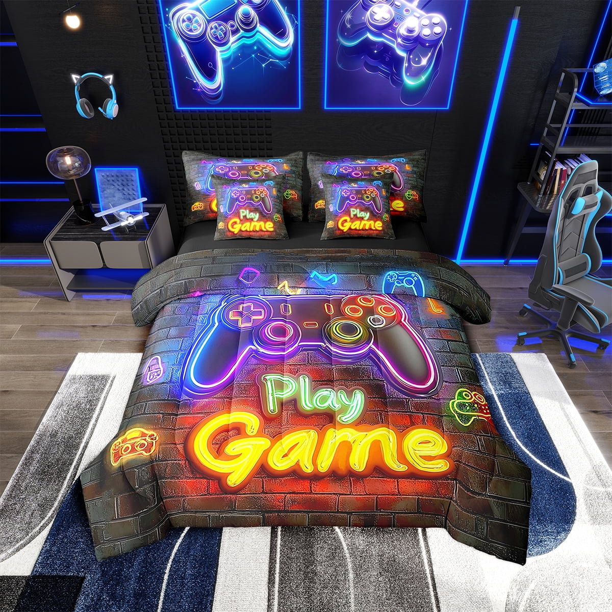 Gamer Gaming Full 7 Pcs Bedding Sets Retro Neon Gaming Bed in a Bag ...
