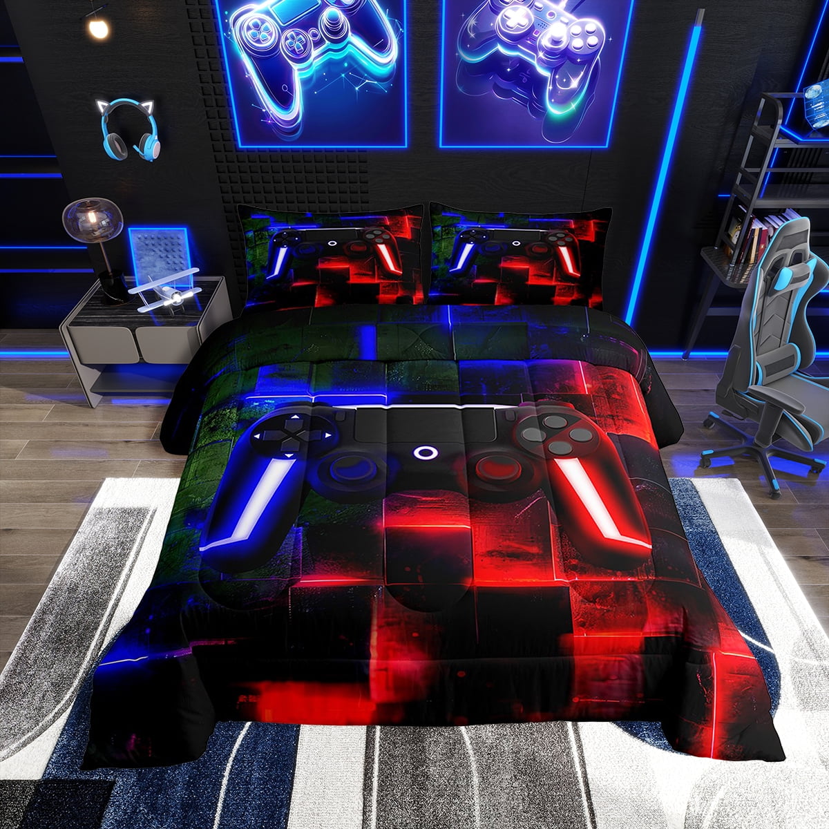 Gamer Gaming Full Bedding Sets Black Navy Blue Red Comforter Set ...