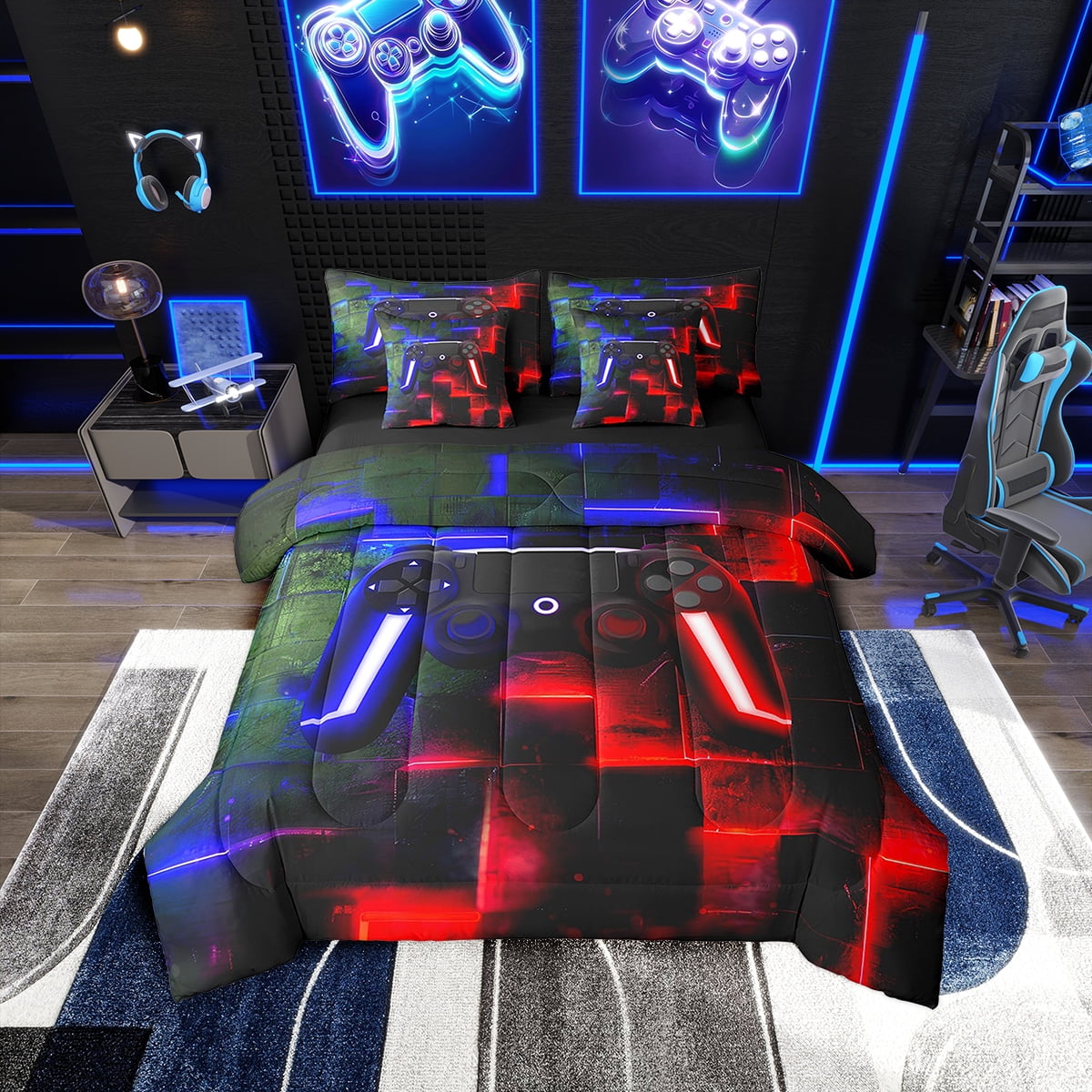 Gamer Gaming King Comforter Set 7 Pieces Black Navy Blue Red Bedding ...