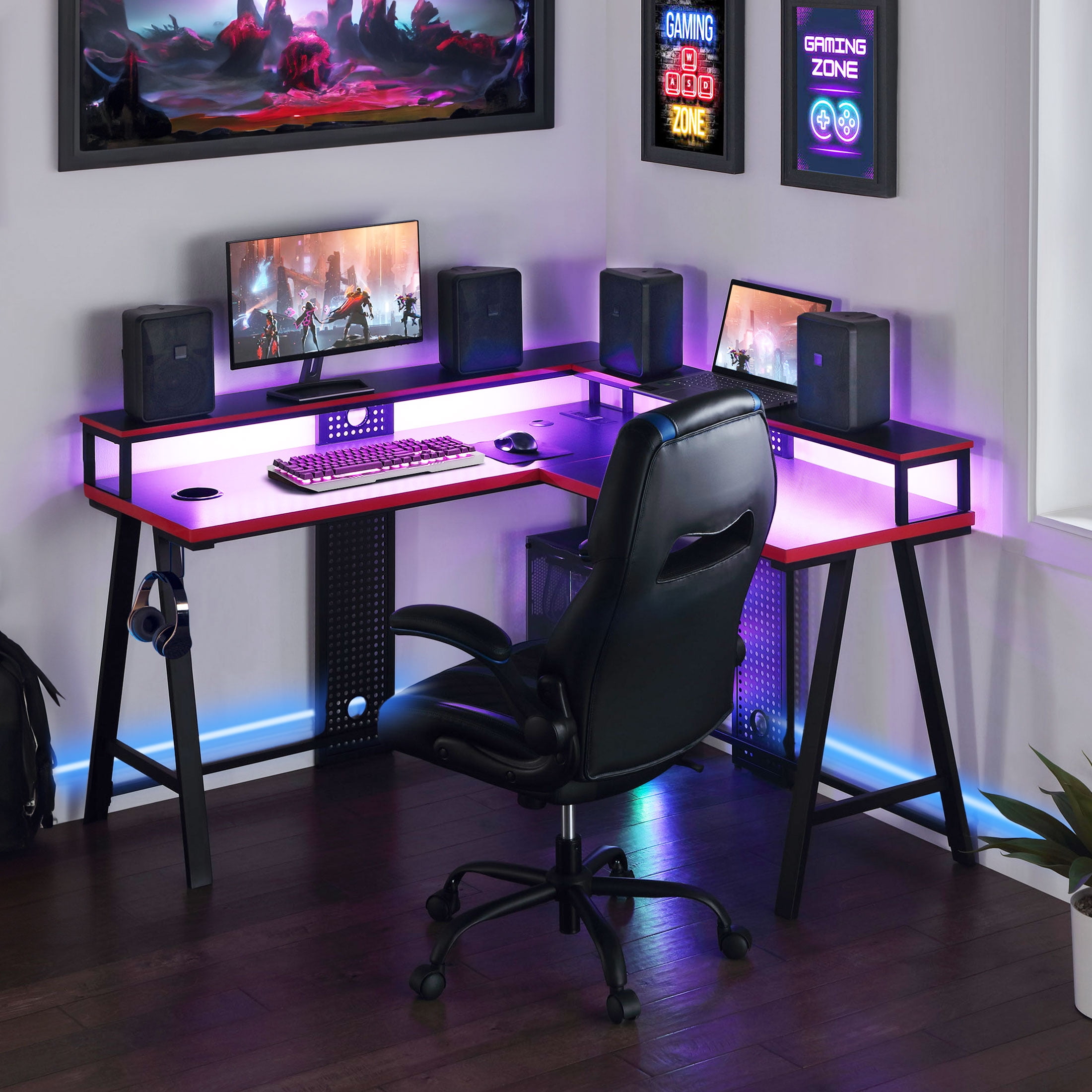 Gamer Gear Gaming L-Shaped Desk with LED, Risers and Power Station ...