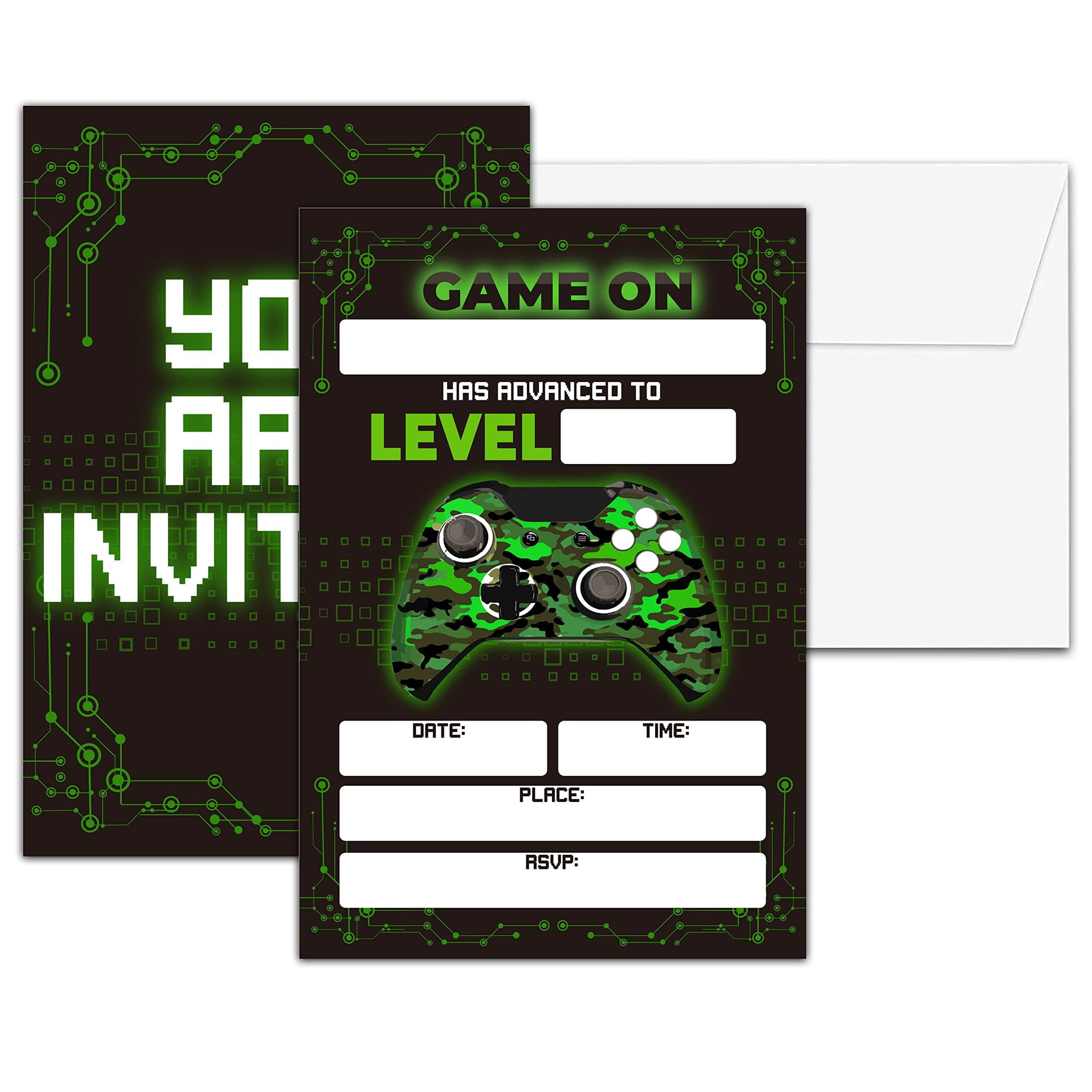 Gamer Glow Neon Birthday Invitations - Double-Sided Fill-In Cards for ...