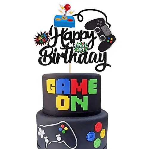 Gamer Happy Birthday Cake Topper – 6."x8" Preassembled Black Glitter ...