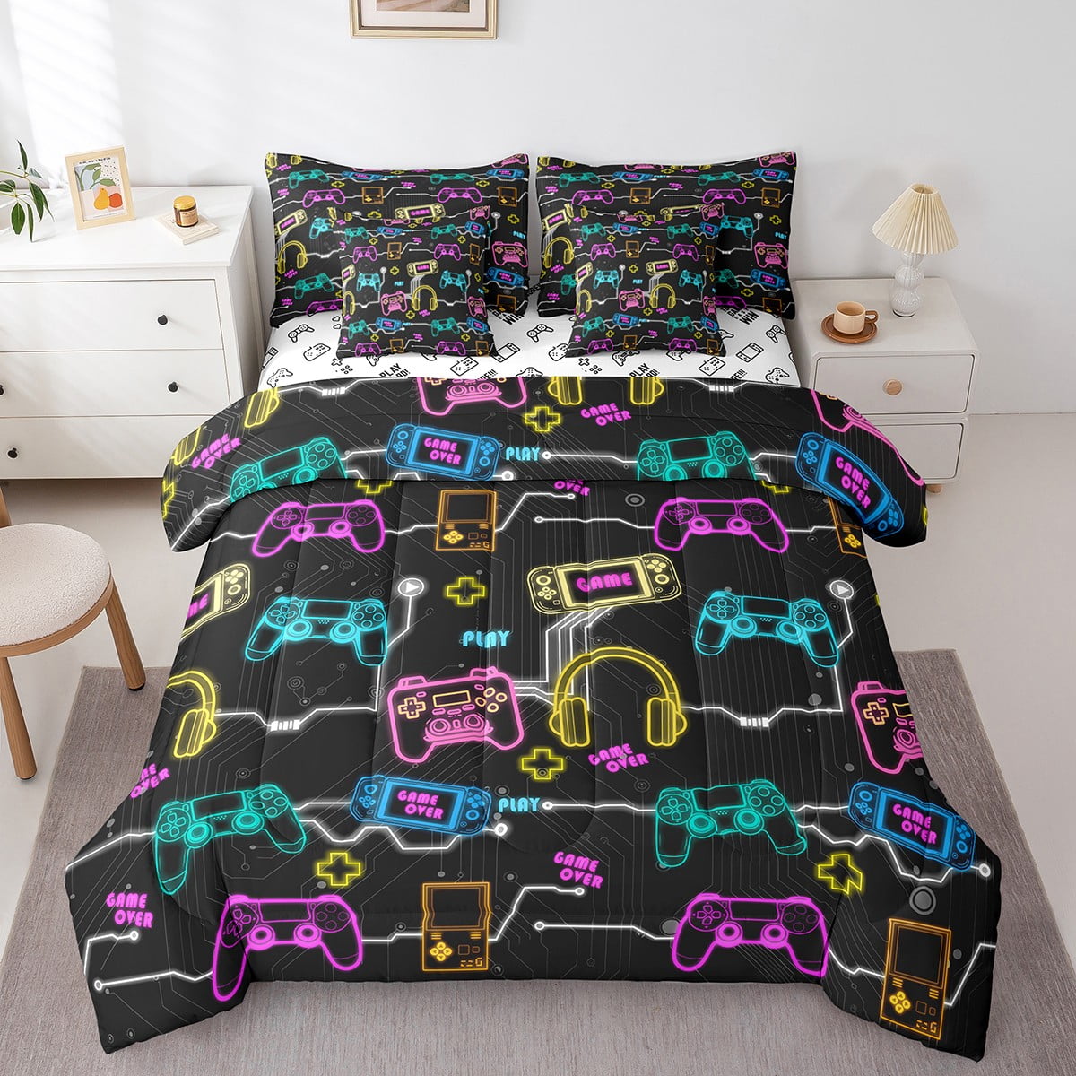 Gamer King Comforter Set 7 Piece,Colorful Neon Gaming Bed in a Bag ...