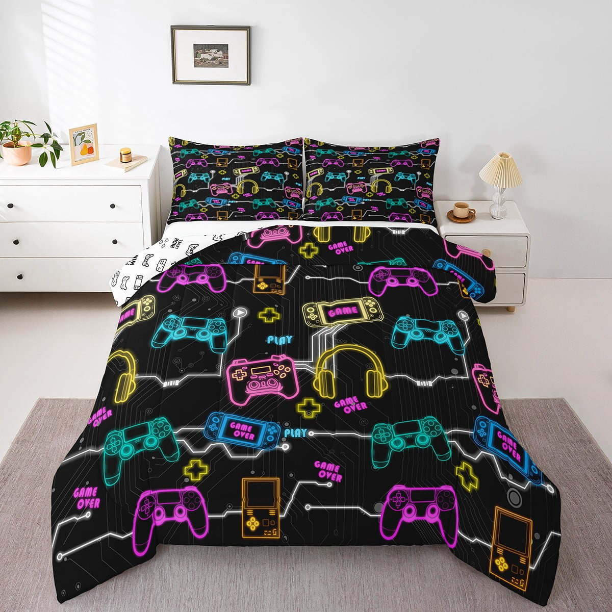 Gamer King Comforter Set,Colorful Neon Gaming Bedding Set Teens Adults ...