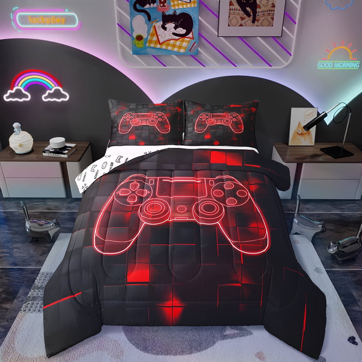 Gamer King Comforter Set ,Gaming Bedding Set 3D Neon Gamepad Down ...