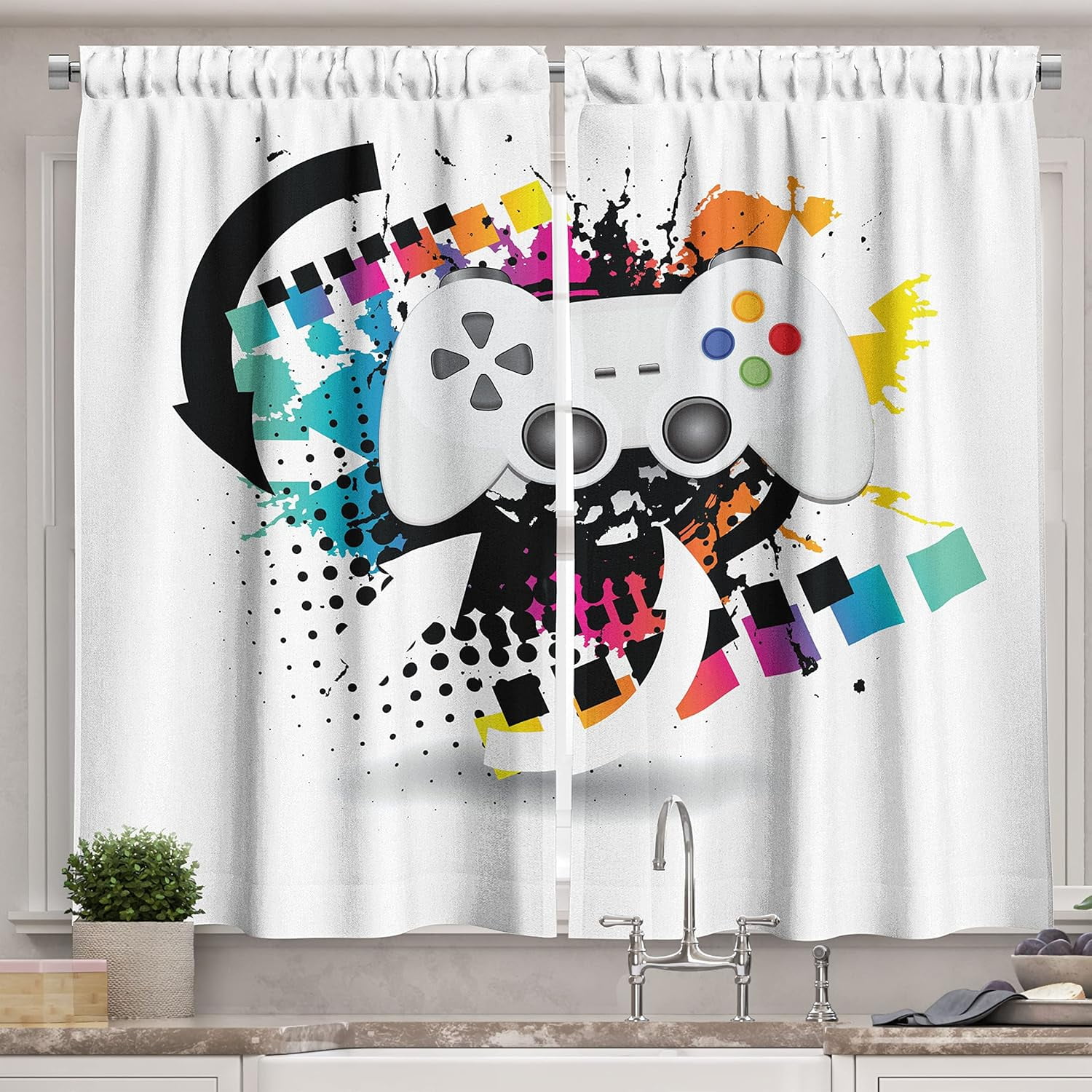 Gamer Kitchen Curtains, Modern Console Game Controller with Halftone ...