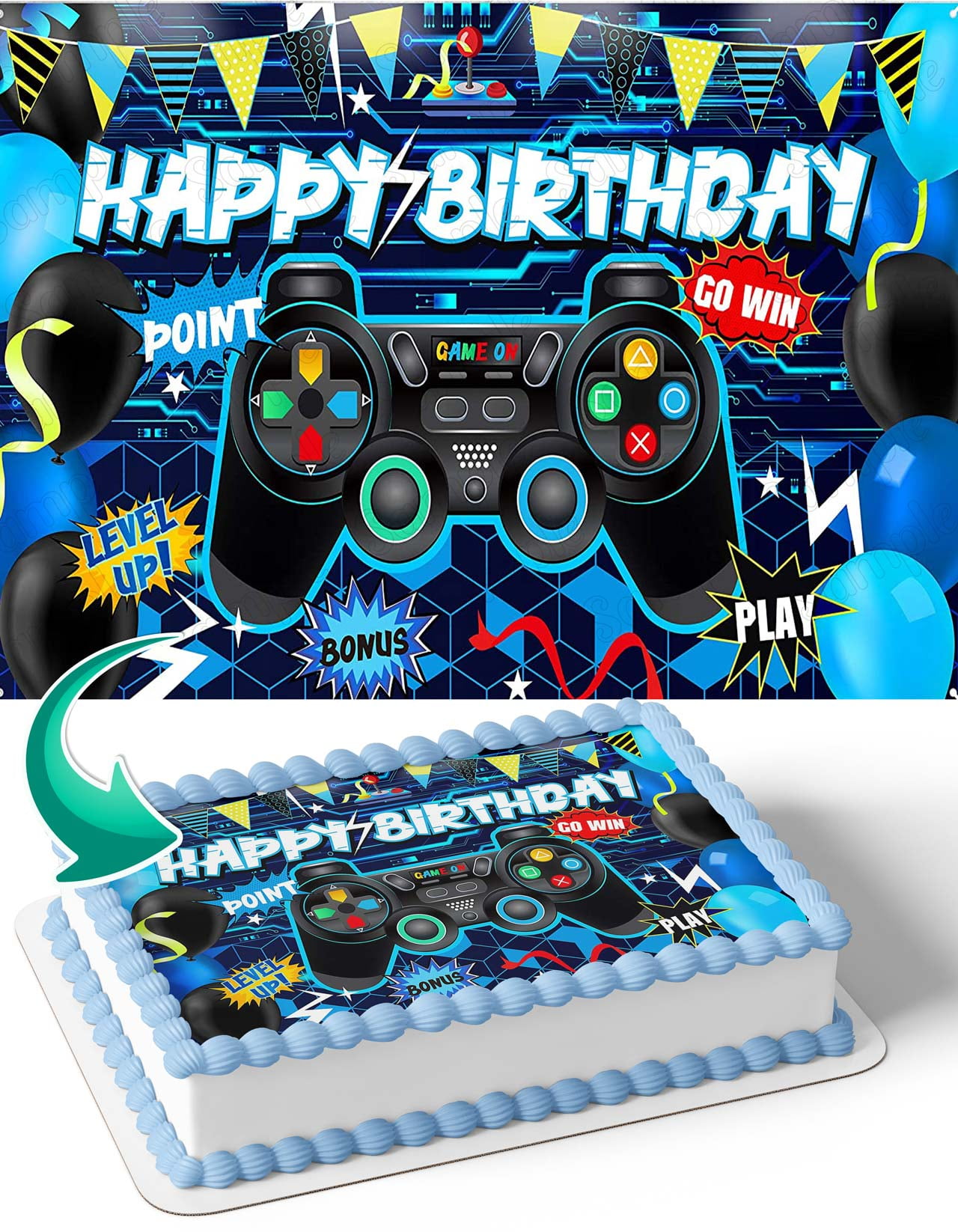 Gamer Nintendo Playstation Xbox Blue Edible Image Cake Topper ...
