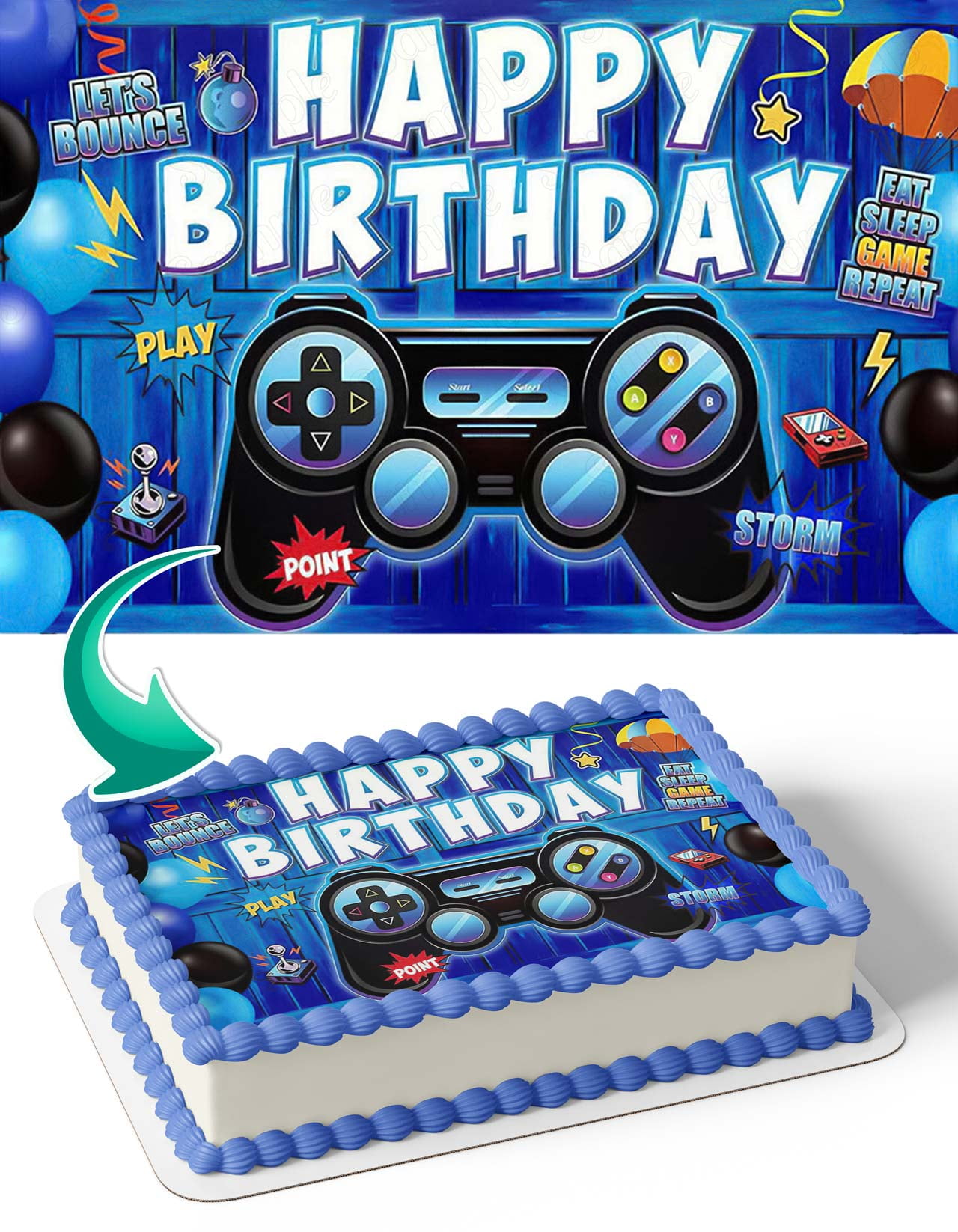 Gamer Nintendo Playstation Xbox Gaming Controller Blue Edible Cake Image Topper Birthday Photo ...