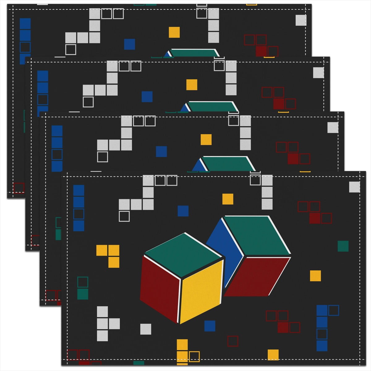 Gamer Placemat Set of 4,Miner Style Cartoon Block Grid Outdoor Indoor ...