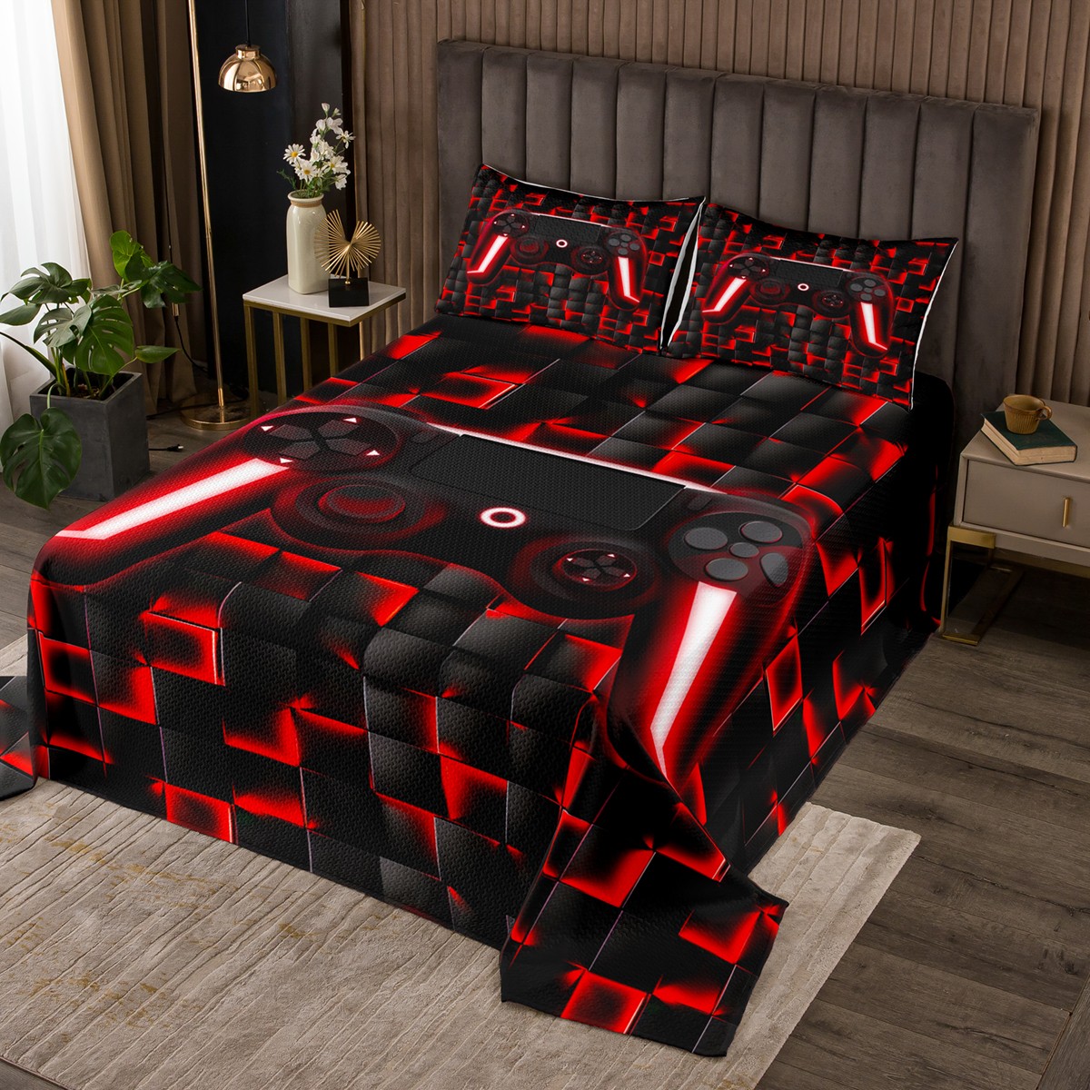 Gamer Queen Bedspread Set For Boys Geometric Gaming Kids Coverlet Set ...
