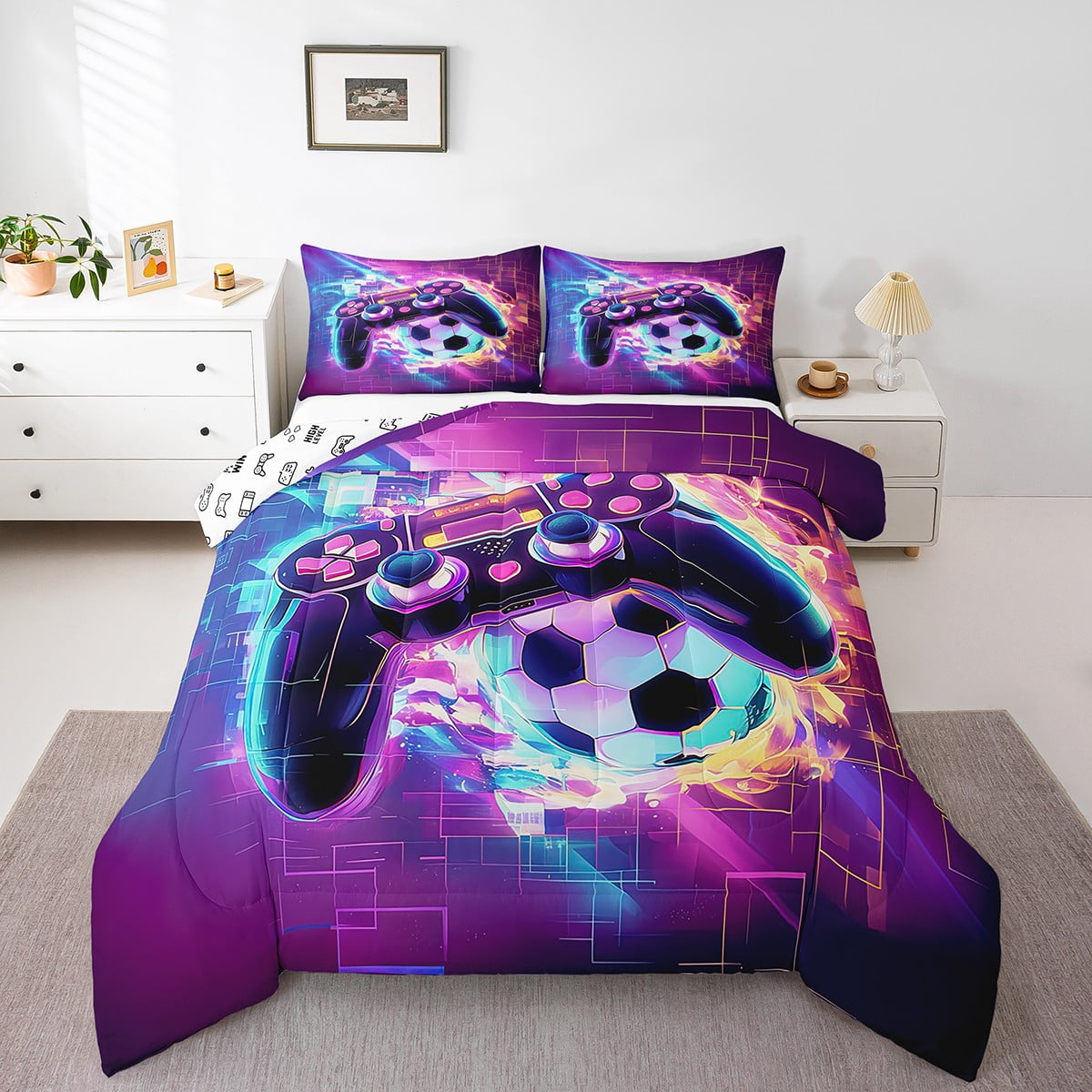 Gamer Queen Comforter Set Gaming Bedding Set,Football Game Consoles Bed ...