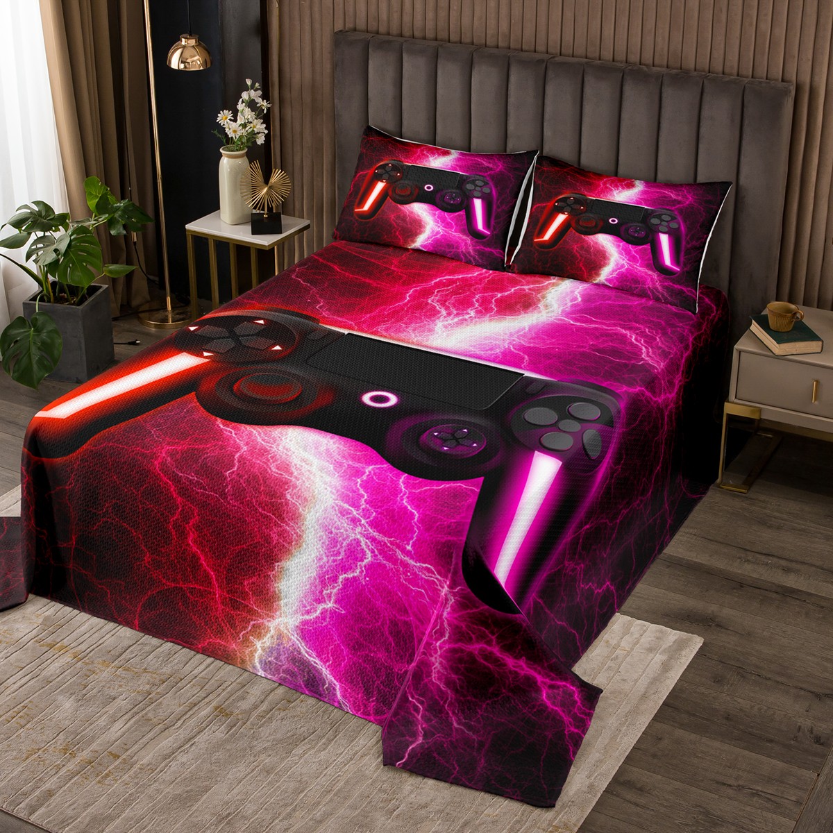 Gamer Quilt Set for Boys Girls King Size Hot Pink Red Gaming Bedding ...