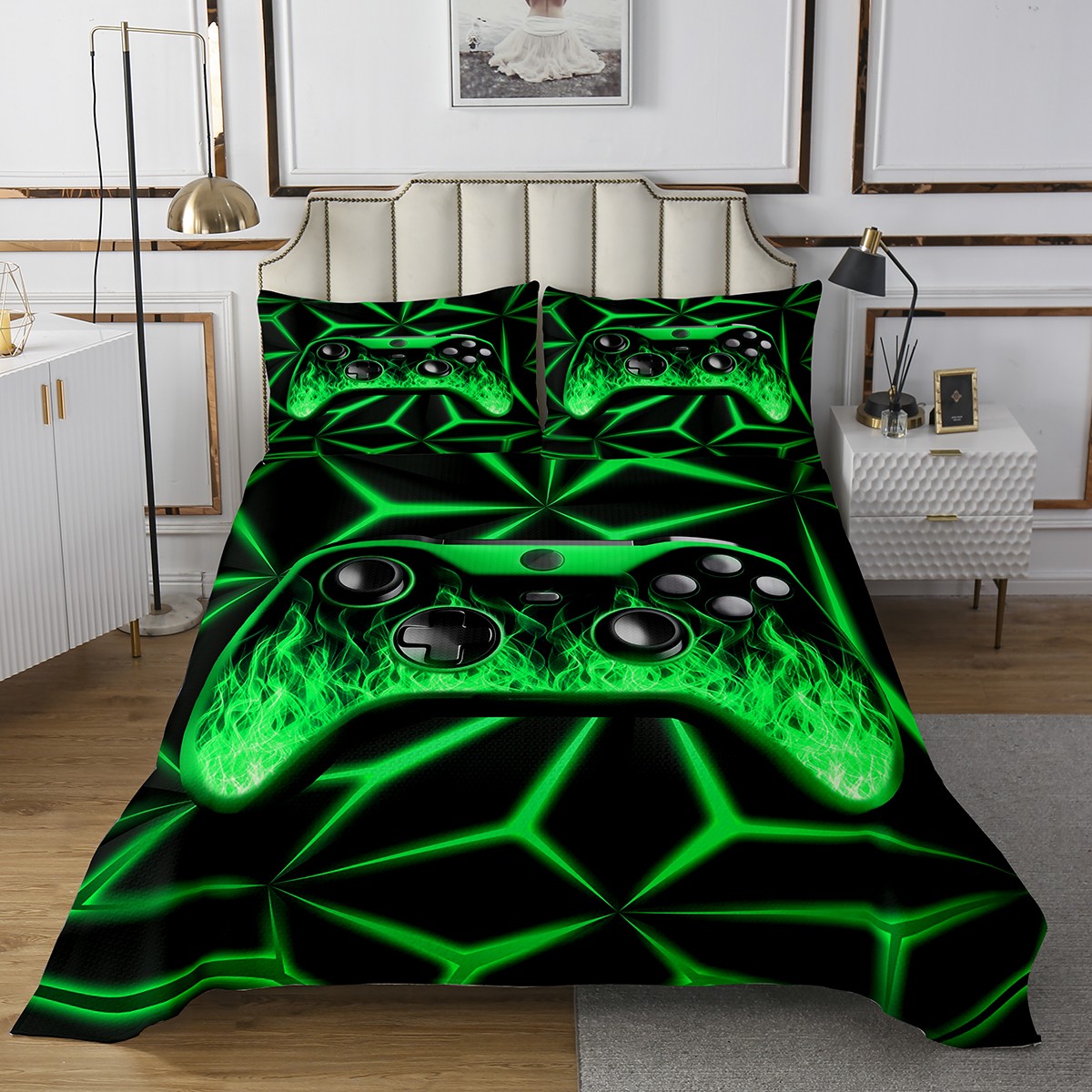 Gamer Quilt Set Queen Bedspread Green Video Game Bed Set 3D Geometric ...