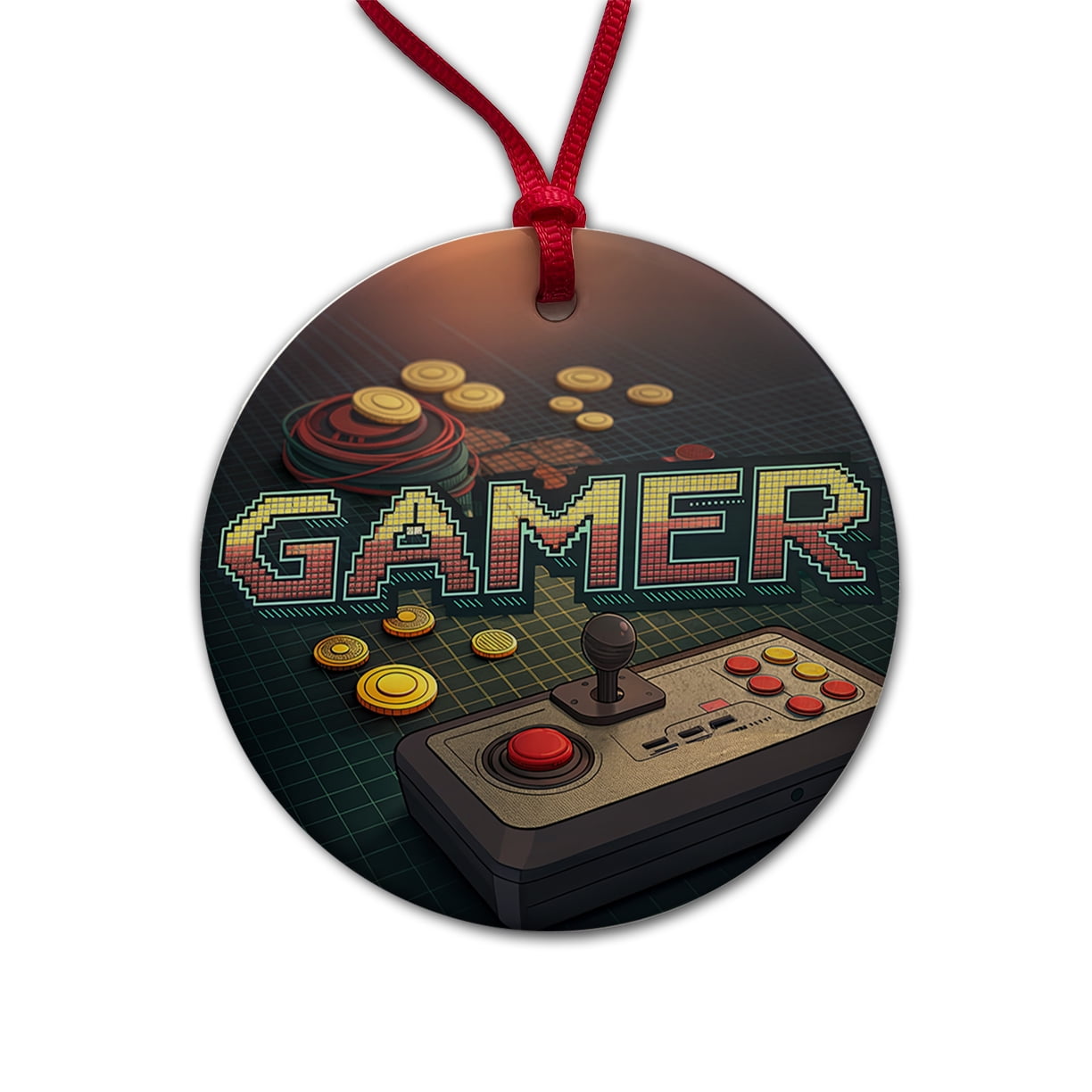 Gamer Retro Pixel Arcade Controller Christmas Tree Holiday Round ...