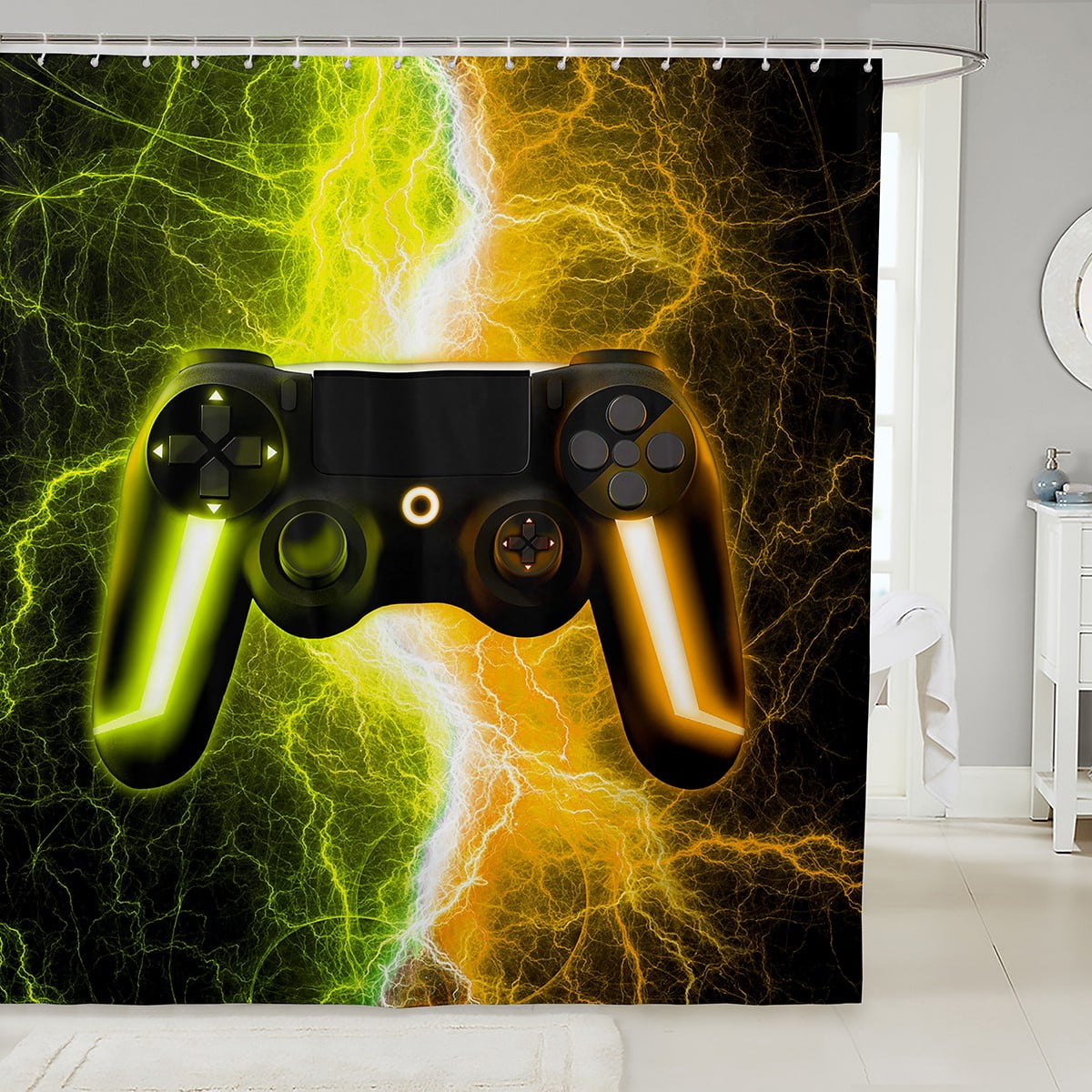 Gamer Shower Curtain Set 72"Wx72"L Yellow Green Gaming Bathroom Decor ...