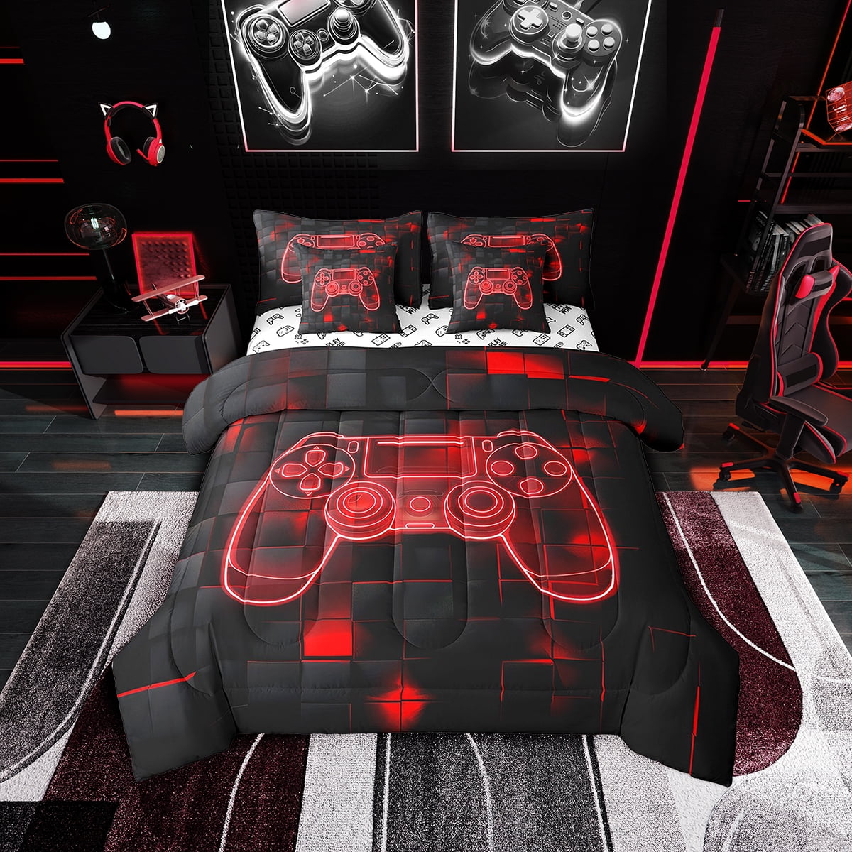 Gamer Twin Comforter Set With Sheets ,Gaming Bedding Set 3D Neon ...