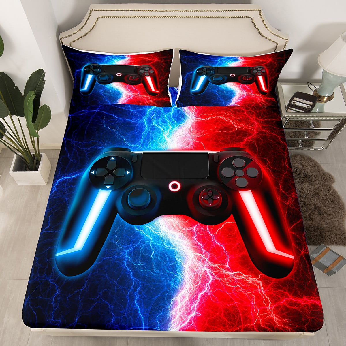 Gamer Twin Fitted Sheet Blue and Red Gaming Gamepad Bedding Set,Video ...