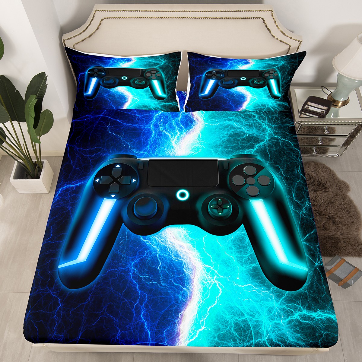 Gamer Twin Fitted Sheet for Boys Blue Turquoise Gaming Gamepad Bedding ...