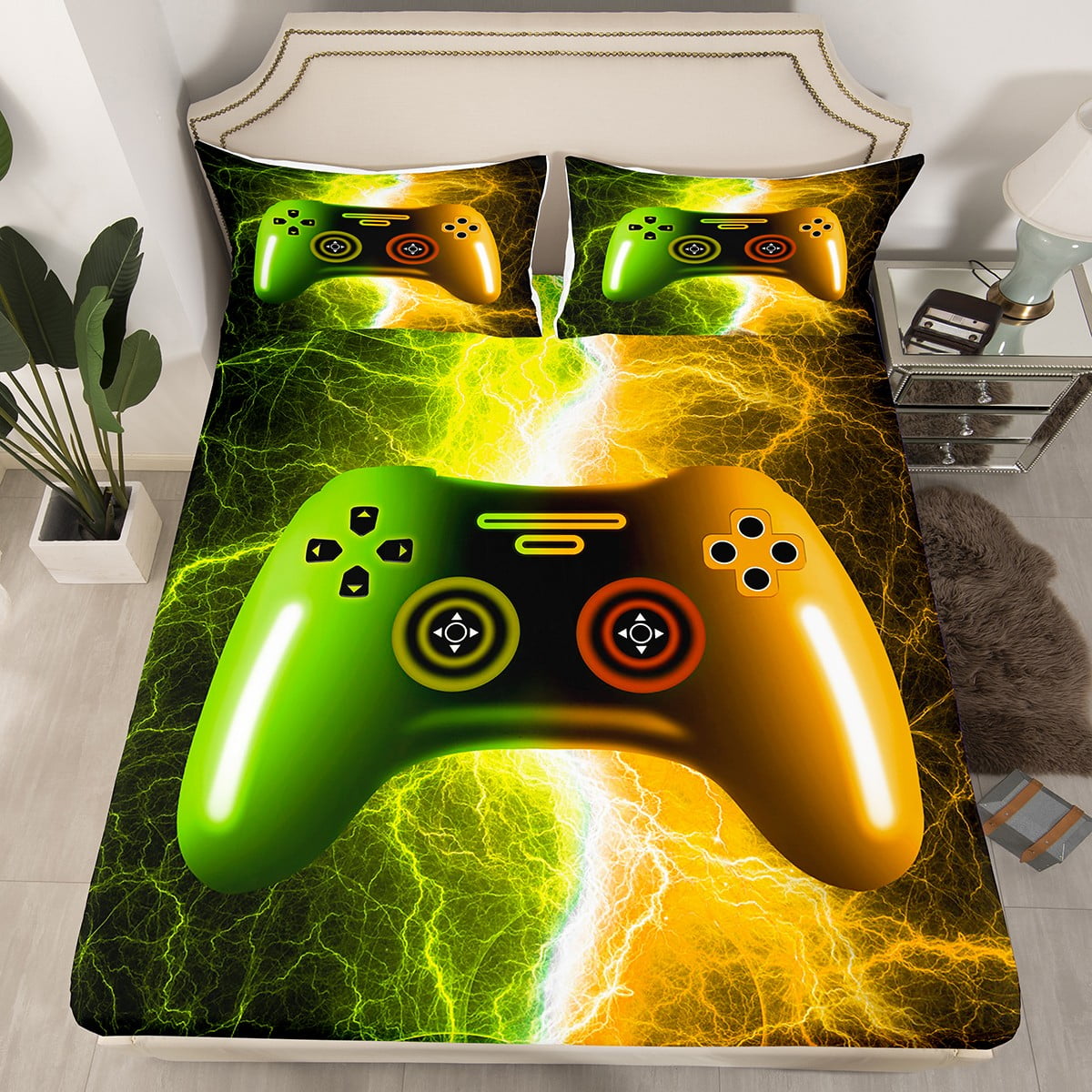 Gamer Twin Fitted Sheet for Boys Yellow Green Gaming Gamepad Bedding ...