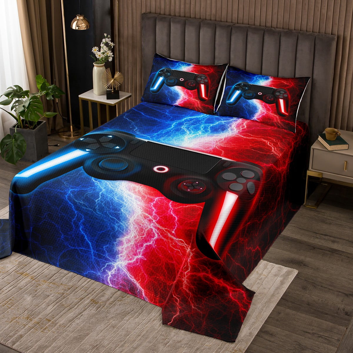 Gamer Twin Quilt Set Blue and Red Gaming Gamepad Bedding Set,Video Game ...