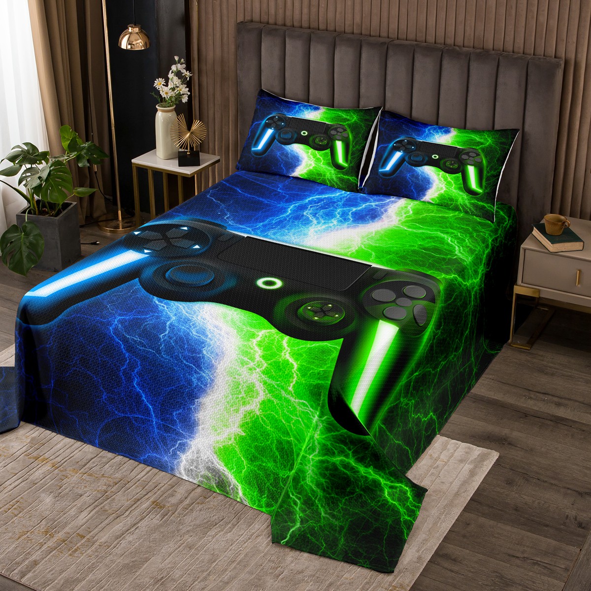 Gamer Twin Quilt Set for Boys Green and Blue Gaming Gamepad Bedding Set ...