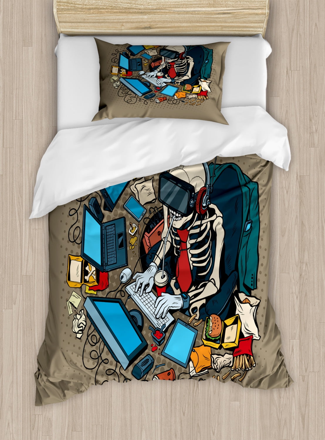 Gamer Twin Size Duvet Cover Set, Skeleton Programmer and Hacker in ...