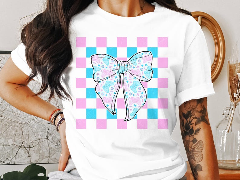 Gamer Vaporwave Pastel Controller Bow 90s Retro Checkered Gaming Tee ...