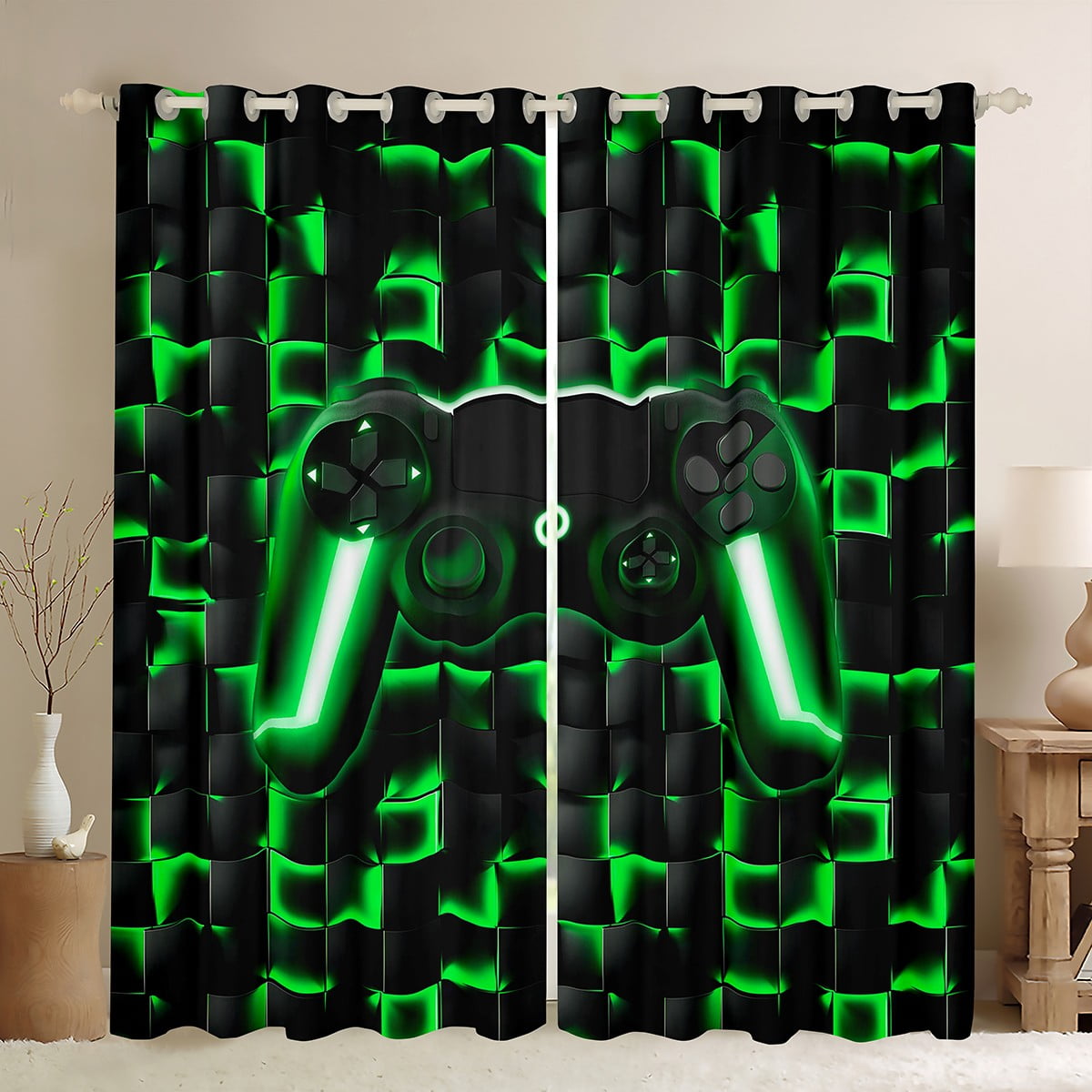 Gamer Window Curtains 42"Wx63"L 30%-50% Blackout Curtains 3D Geometric ...