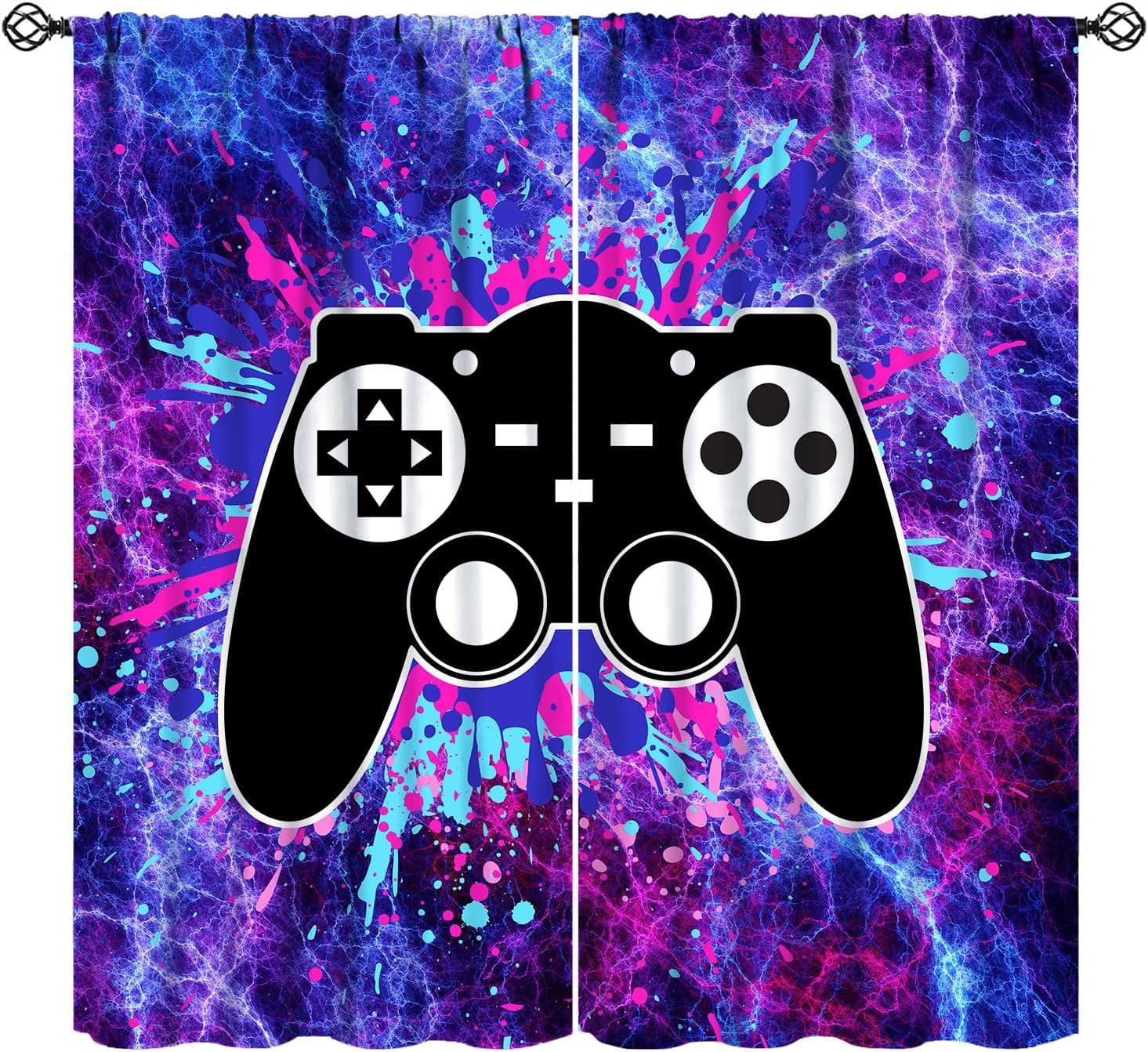 Gamer \u200bVideo Games Curtains, Blue Purple Thunder Gamepad Pattern ...