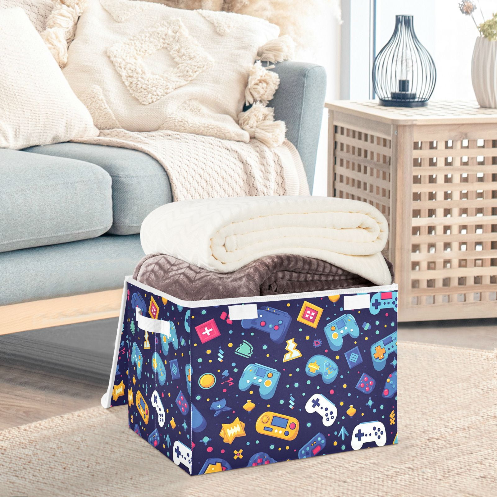 Games Consoles Blue Storage Basket Foldable Laundry Basket Shelf Kids ...