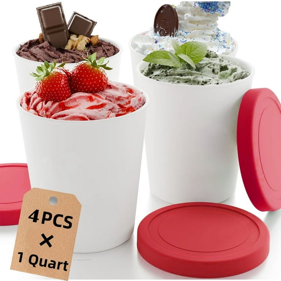 Gamexcel Ice Cream Containers 4 Pack Red, 1 Quart Each, Reusable ...