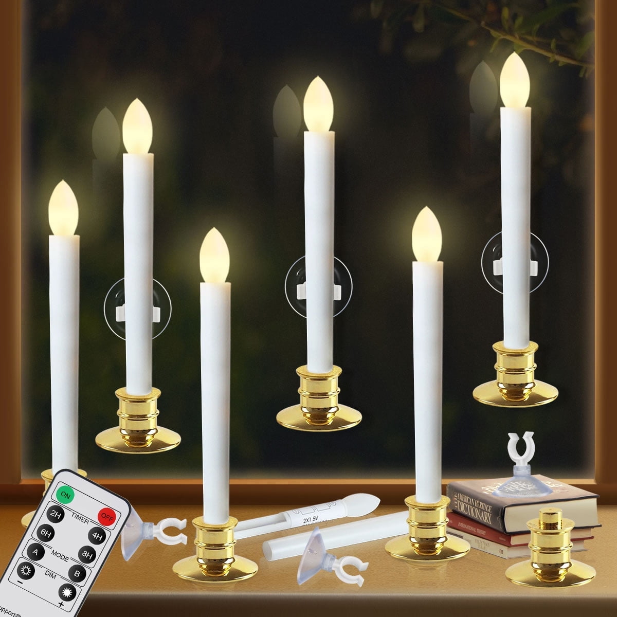6Pcs Christmas Window Candles With Gold Holders & Suction Cups- Battery ...