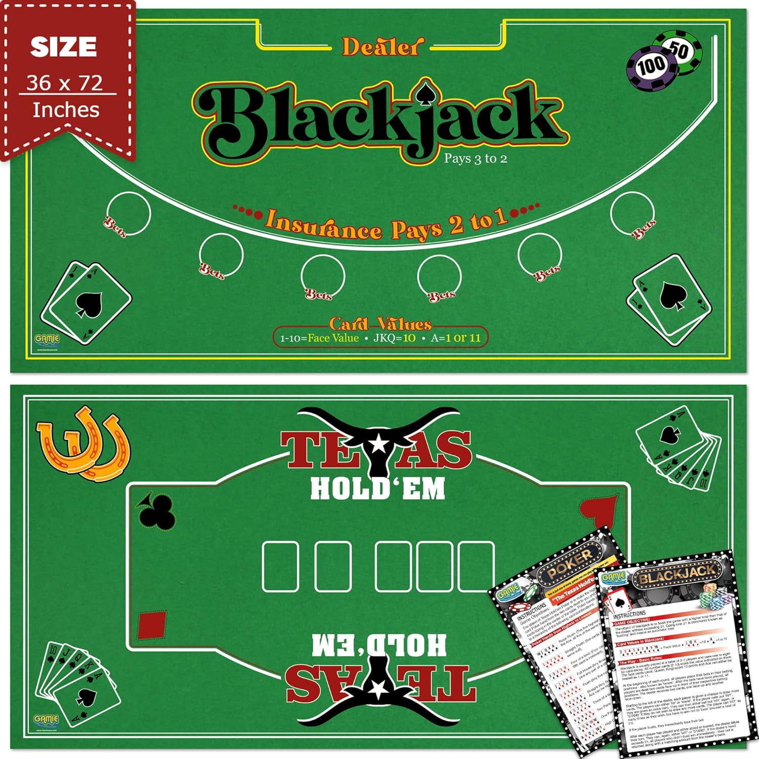 Gamie Double-Sided Felt Casino Mat – 2-in-1 Blackjack & Texas Hold’em ...