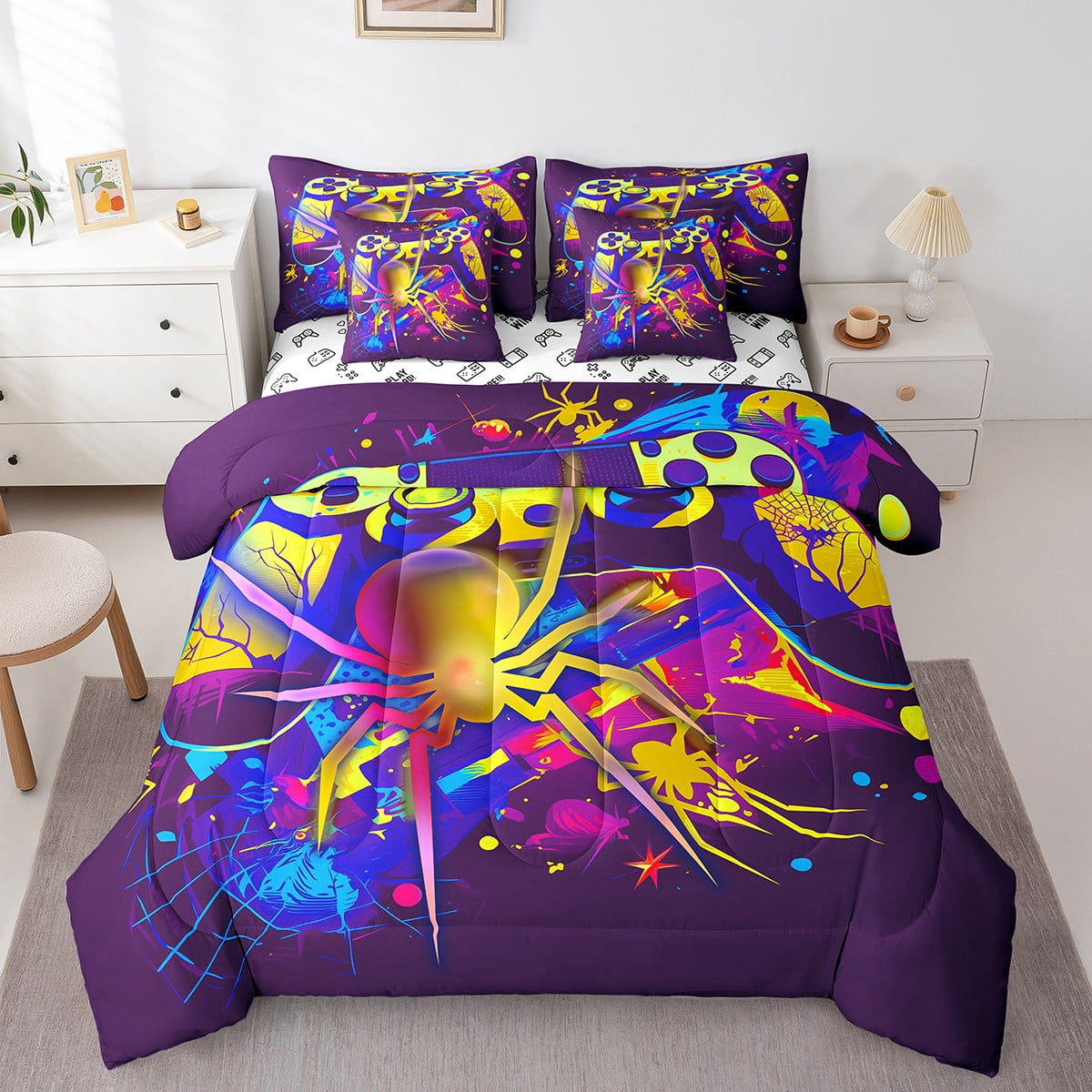 Gaming 7 Piece Comforter Set Full Bed in a Bag,Gamer Bedding Sets ...