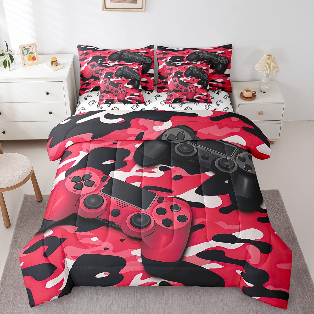 Gaming 7 Piece Comforter Set Full Bed in a Bag,Gamer Bedding Sets Black ...