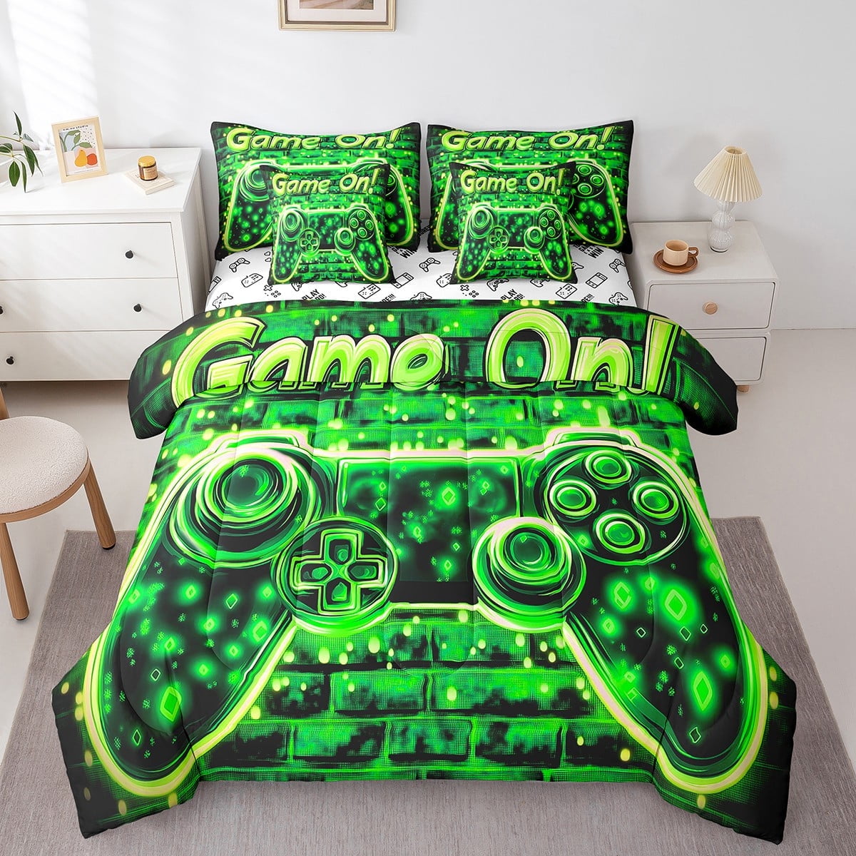 Gaming 7 Pieces Bedding Set Full Bed in a Bag, Game Neon Gamepad ...