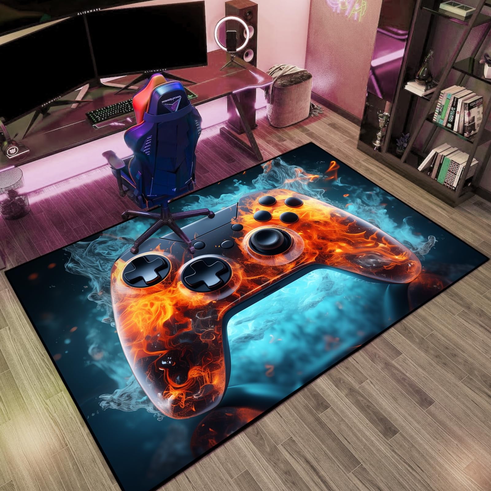 Gaming Area Rug Teen Boys Carpet, Lava Design Gamepad and Colorful Bomb Background Game ...