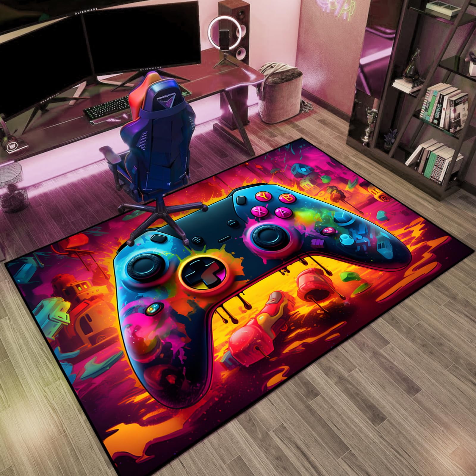 Gaming Area Rug Teen Boys Carpet, Lava Design Gamepad and Colorful Bomb Background Game ...